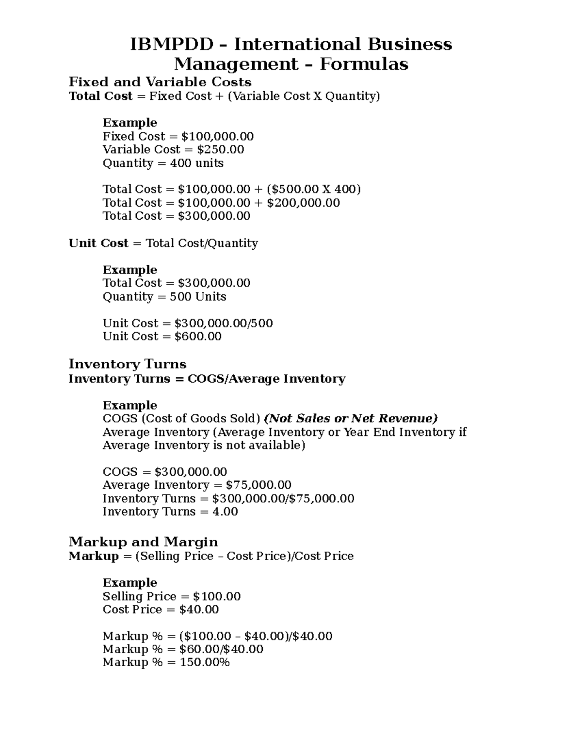 Ibmpdd - International Business Management - Formulas - BUSN 3200 ...