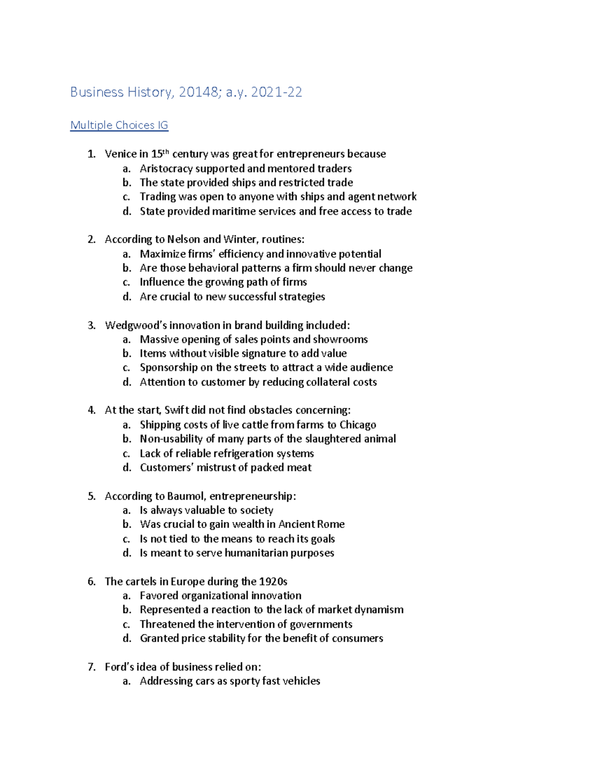 Multiple Choices IG - Business History, 20148; a. 2021- Multiple ...