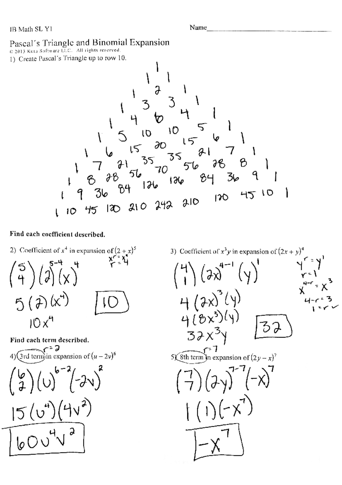 Pascals triangle and binomial expansion ws key - IB Math SL Y1 Name ...