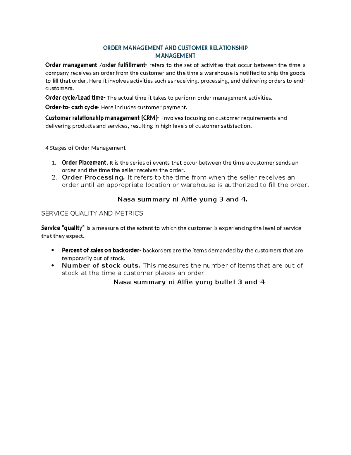 Logistics notes - ORDER MANAGEMENT AND CUSTOMER RELATIONSHIP MANAGEMENT ...