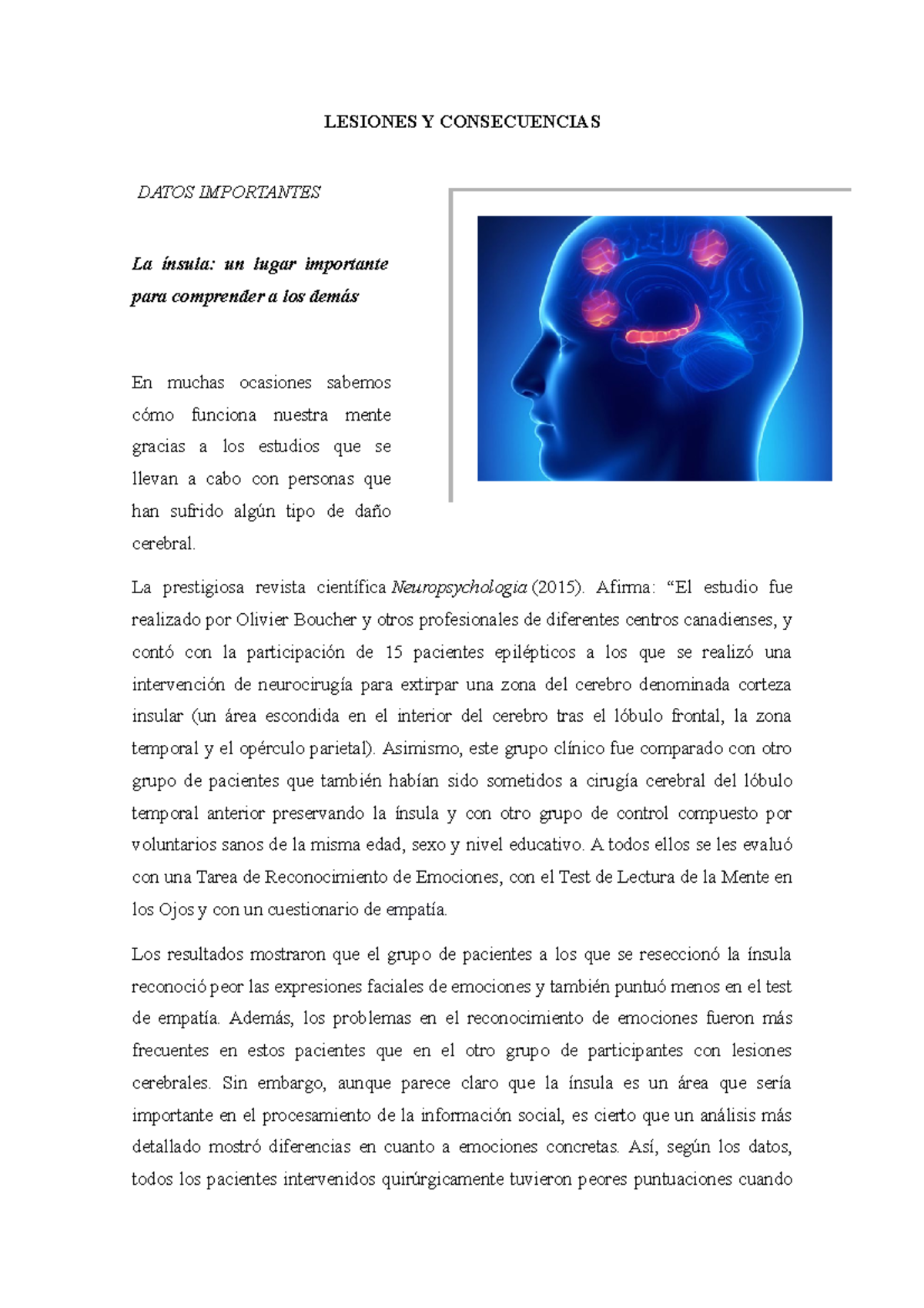 Lobulo Insular- Lesiones Y Consecuencias - LESIONES Y CONSECUENCIAS ...