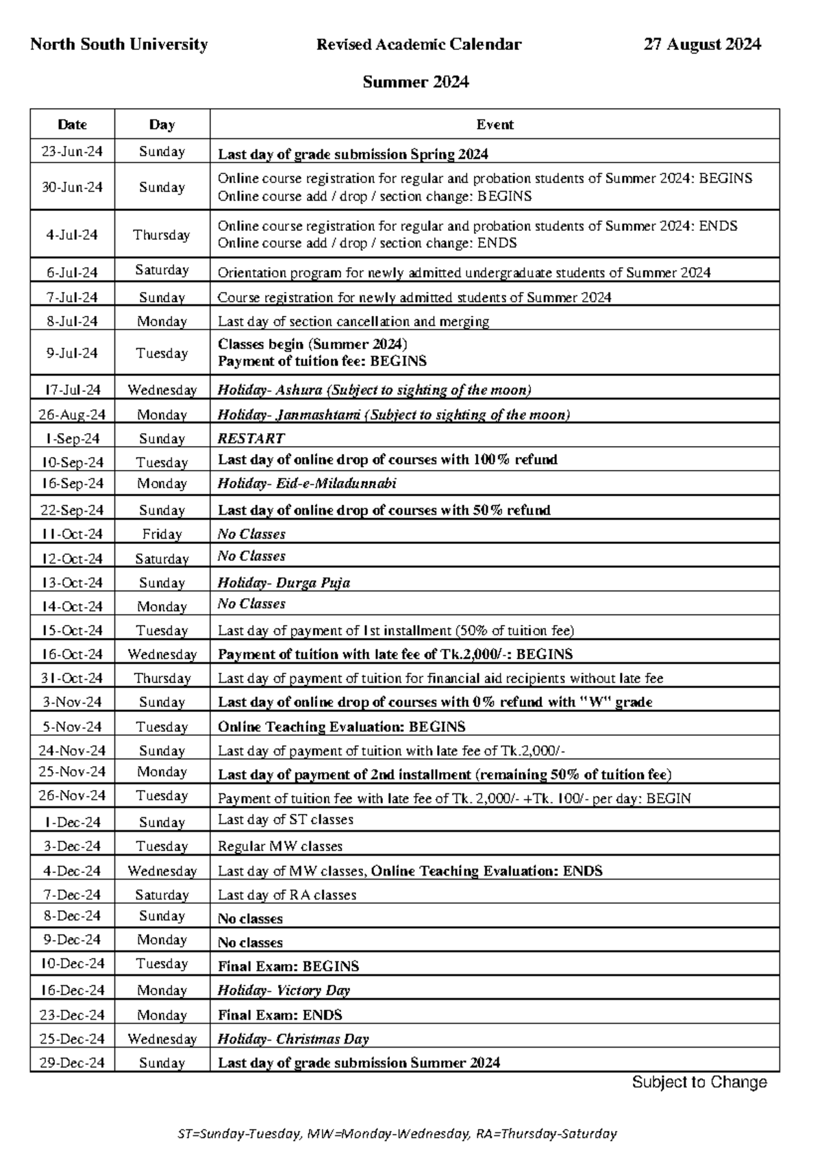 Revised academic calendar summer 2024 27 august 2024 - North South ...
