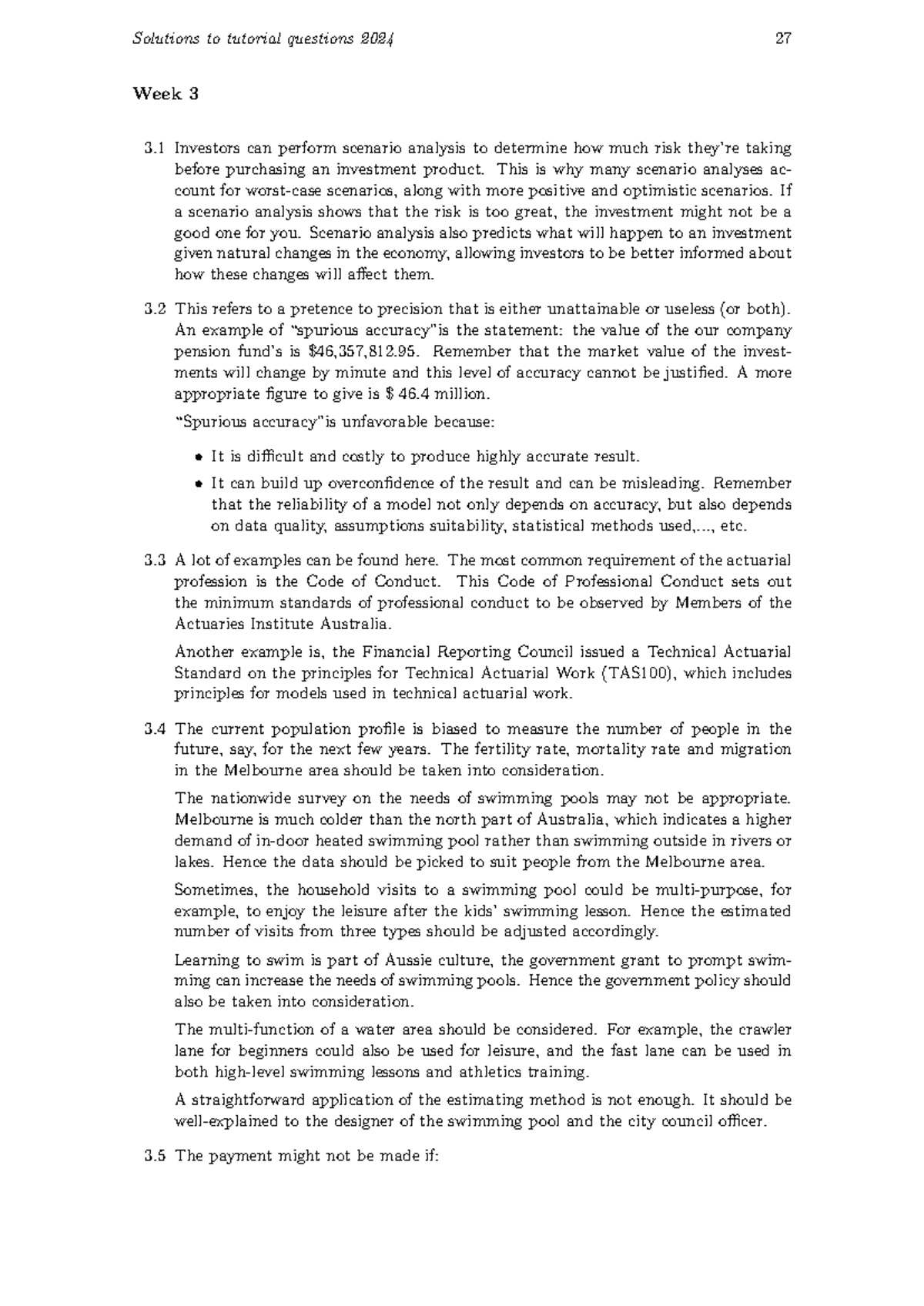 Week 3 Tutorial Solutions - Solutions to tutorial questions 2024 27 Week 3 3 Investors can ...