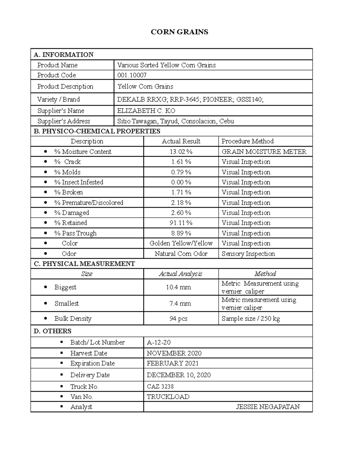 Dec. 10 - N/A - CORN GRAINS A. INFORMATION Product Name Various Sorted ...