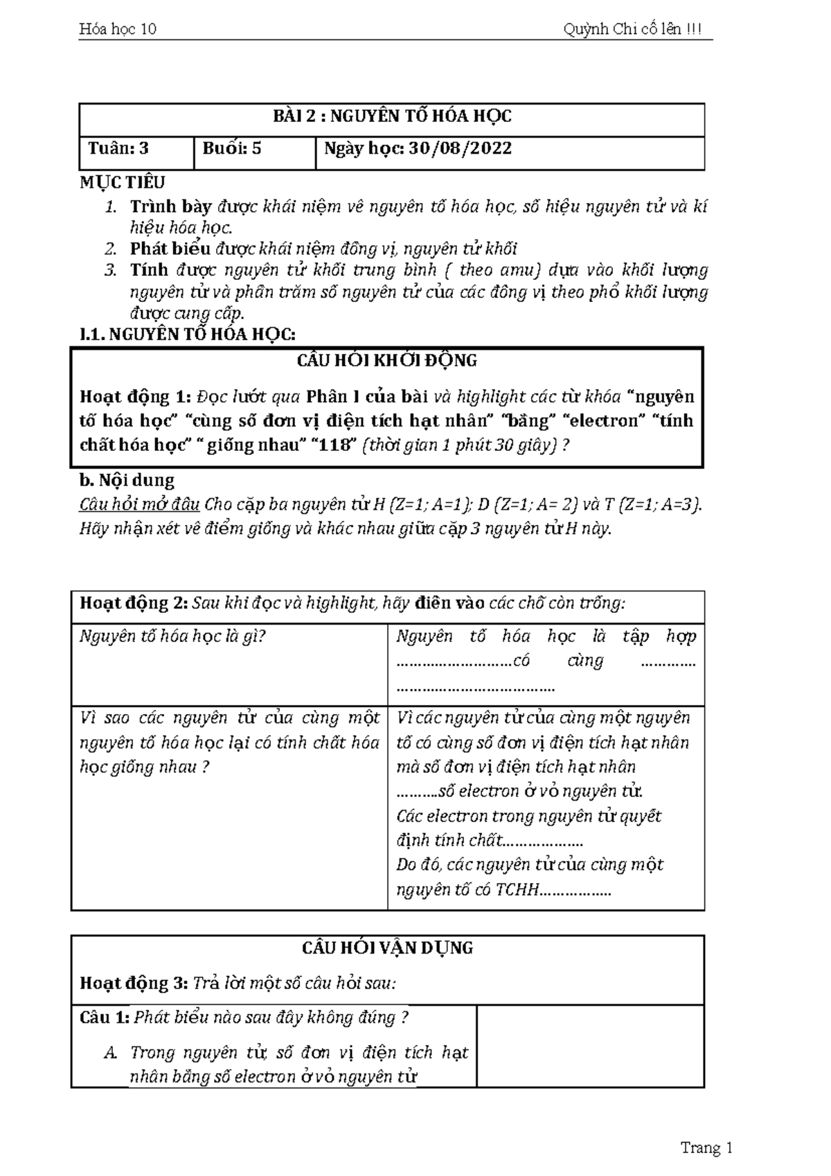 Bài 2 - Nguyen TO HOA HOC - HÓA 10 - CTST (Auto Recovered) - BÀI 2 : NGUYÊN TỐỐ HÓA H CỌ Tuầần ...