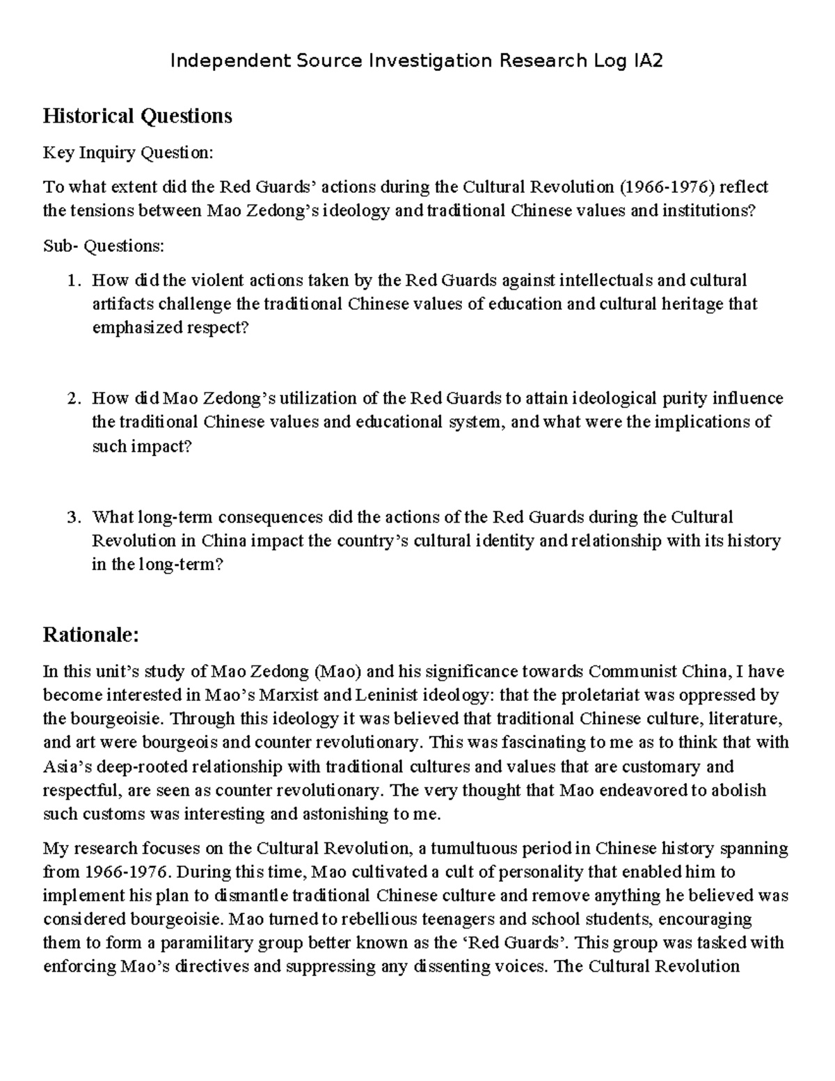 Modern History Research Log Take 2-final - Historical Questions Key ...