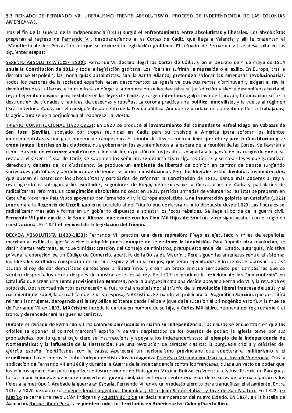 5.3. EL Reinado DE Fernando VII. Liberalismo Frente A Absolutismo. EL Proceso DE Independencia ...