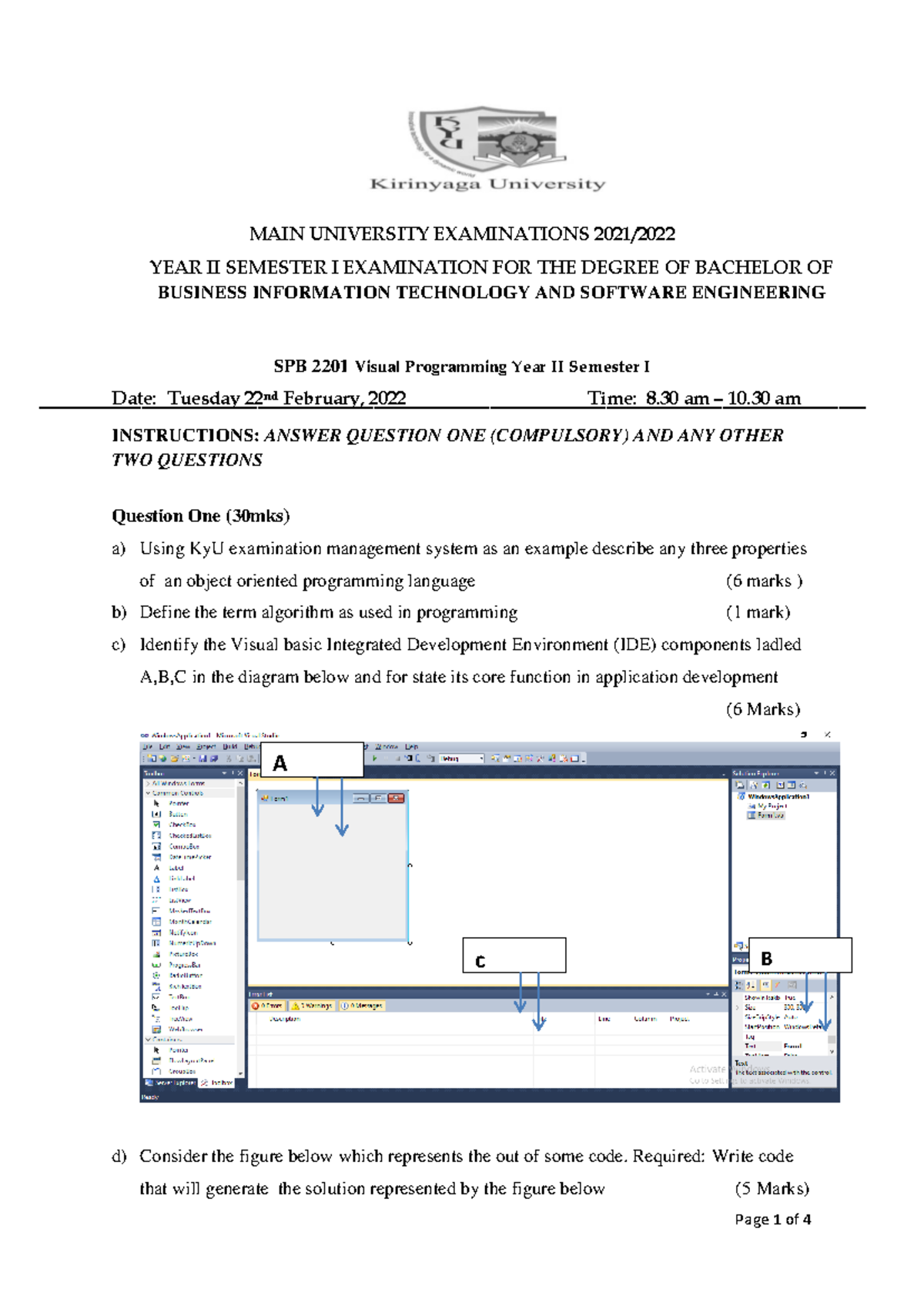SPB 2201 Visual Programming Year II Semester I - MAIN UNIVERSITY EXAMINATIONS 2021/ YEAR II ...