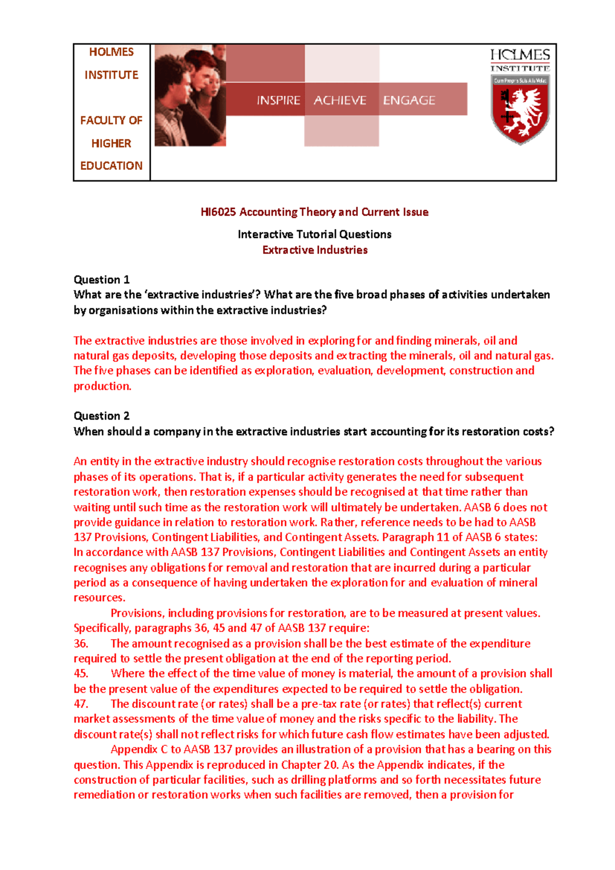 Tutorial Questions Solutions - Topic 8 - HOLMES INSTITUTE FACULTY OF HIGHER EDUCATION HI6025 ...