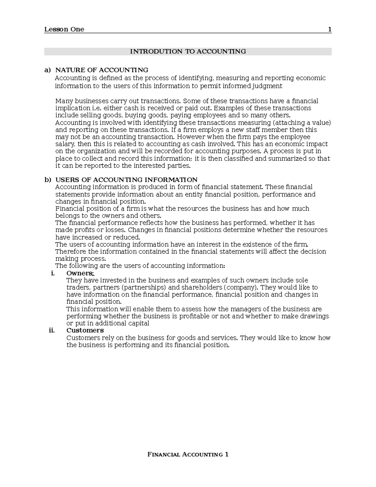 Introdution TO Accounting 444444 - Lesson One 1 INTRODUTION TO ...