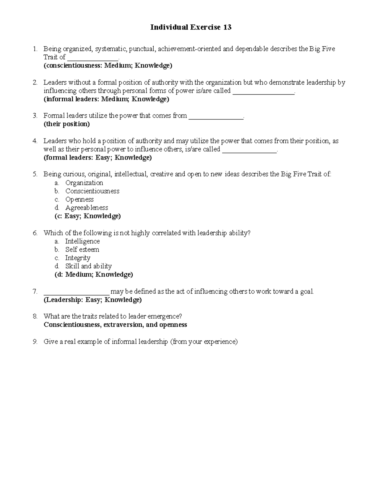 Individual Exercise 13 Answers - Individual Exercise 13 1. Being ...