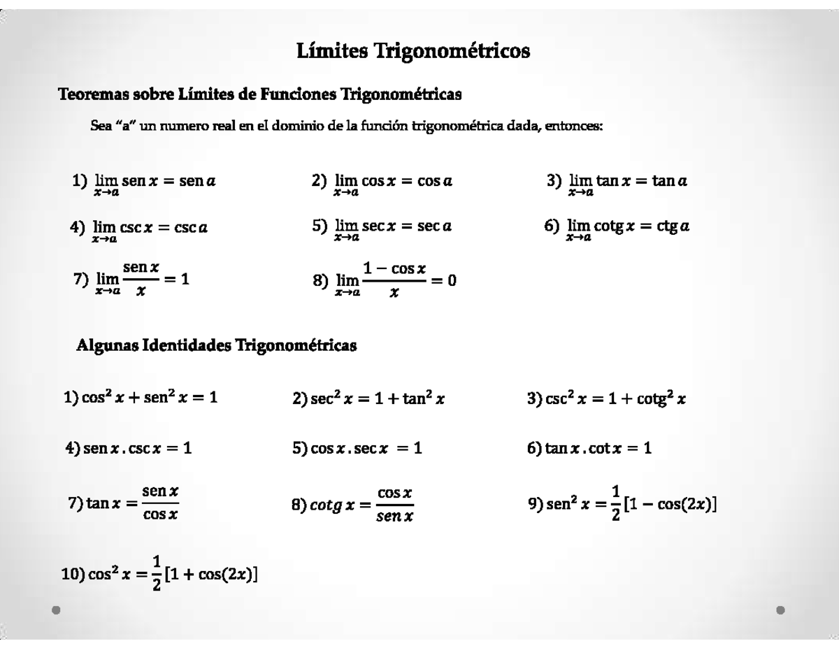 Formulario Limites trigonometricos - Cálculo I - Límites ...