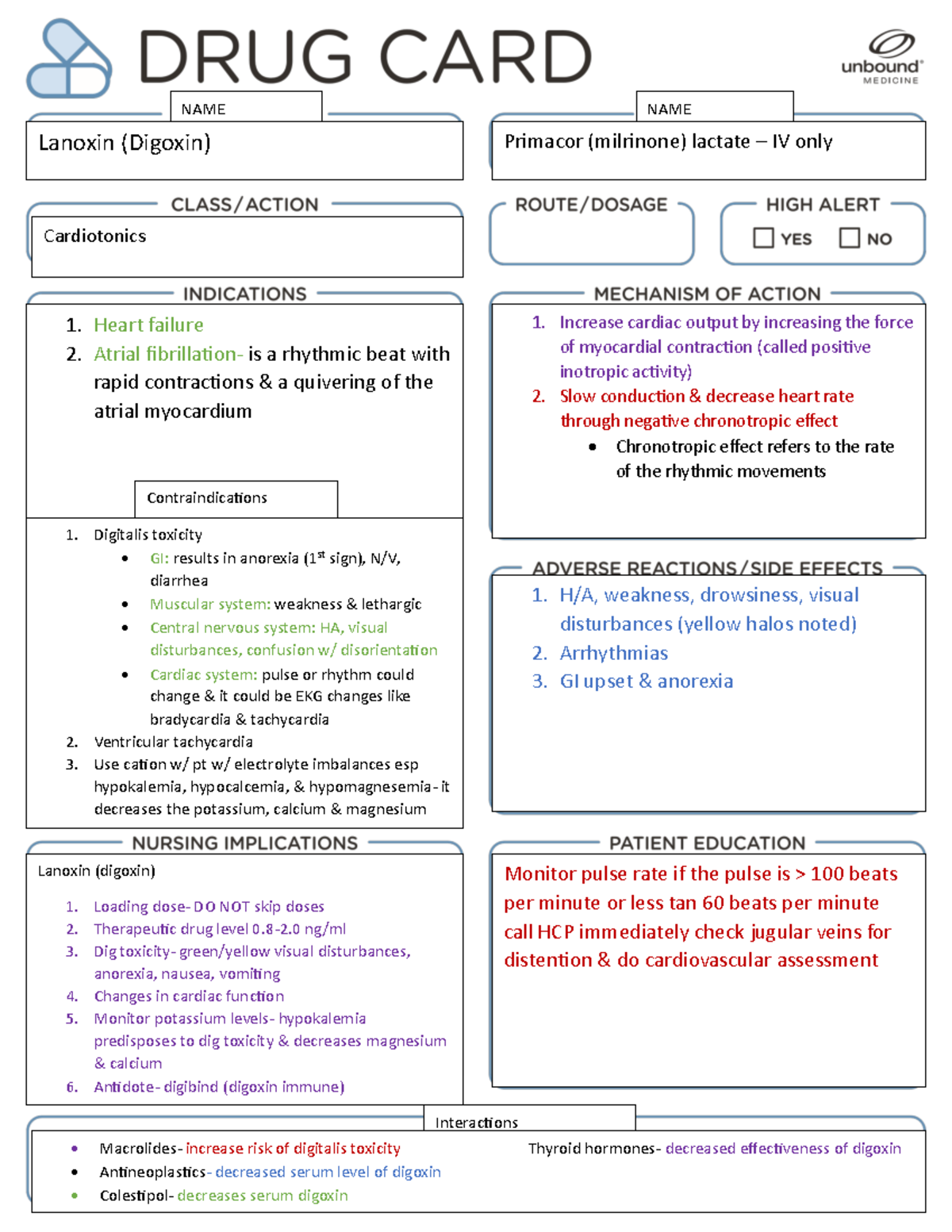 Cardio 1 - Pharmacology - NAME NAME Lanoxin (Digoxin) Primacor ...