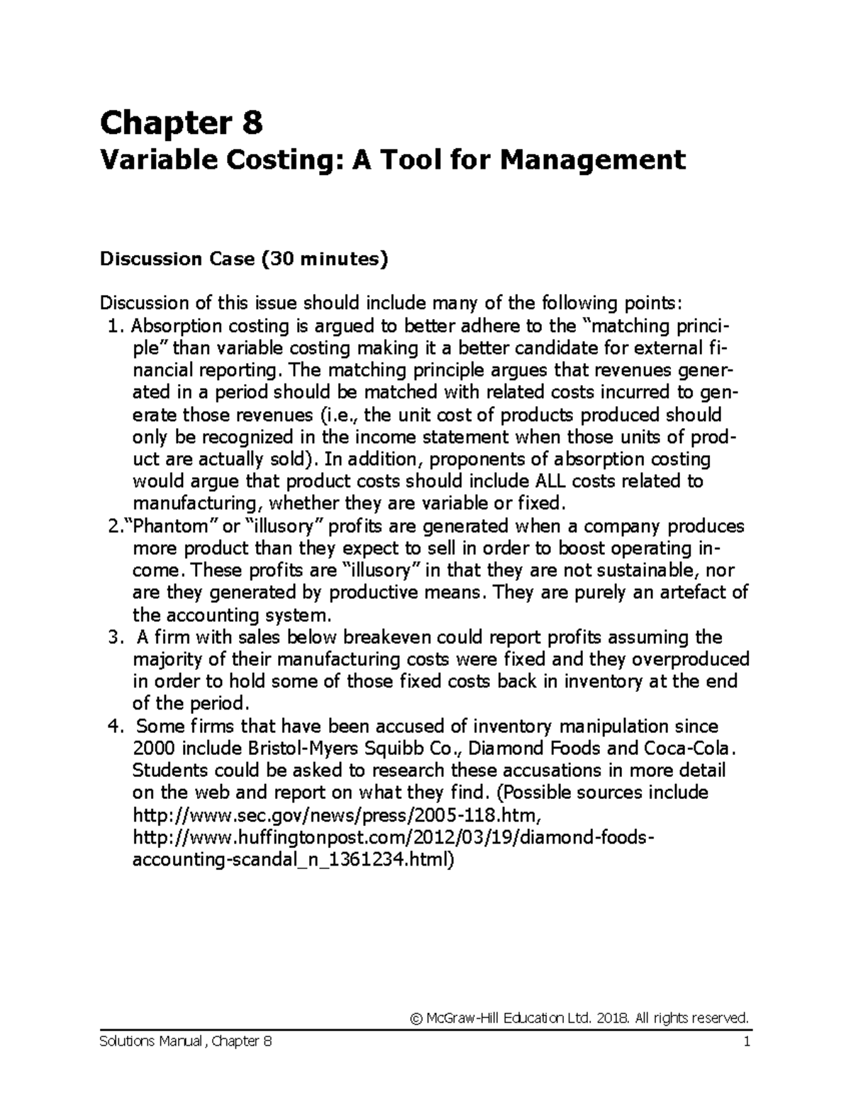 Chapter 8 solutions - Managerial Accounting ACC433 - © McGraw-Hill ...