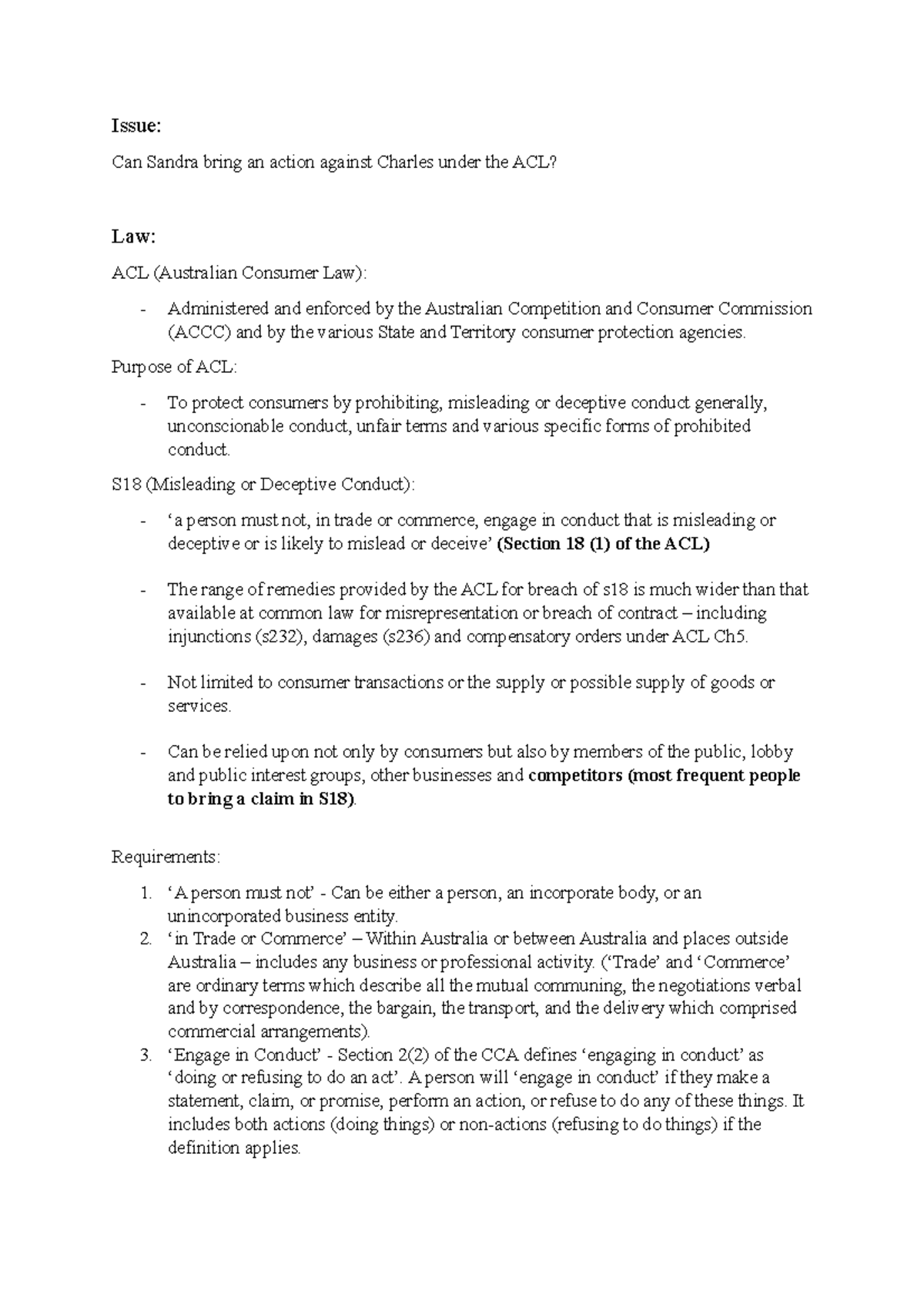 Tutorial Submission ACL - Issue: Can Sandra bring an action against Charles under the ACL? Law ...