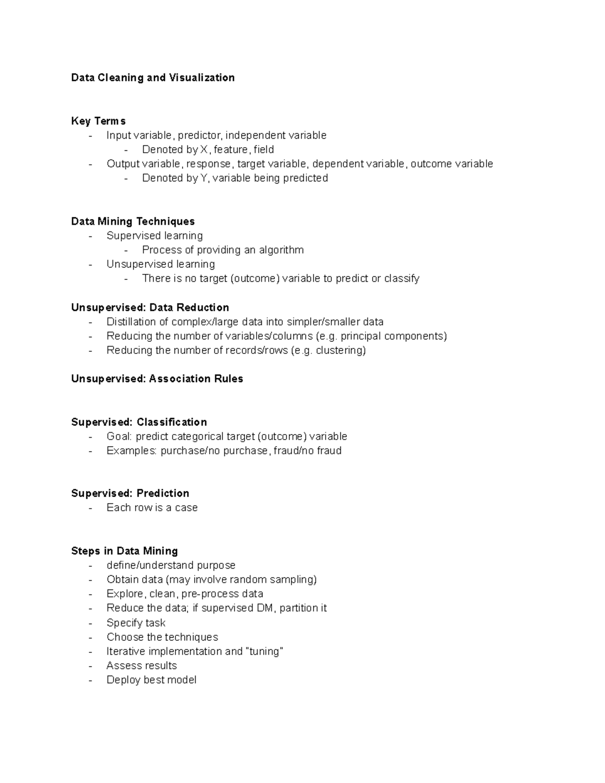 1 Data Mining Notes Data Cleaning And Visualization Key Terms Input Variable Predictor