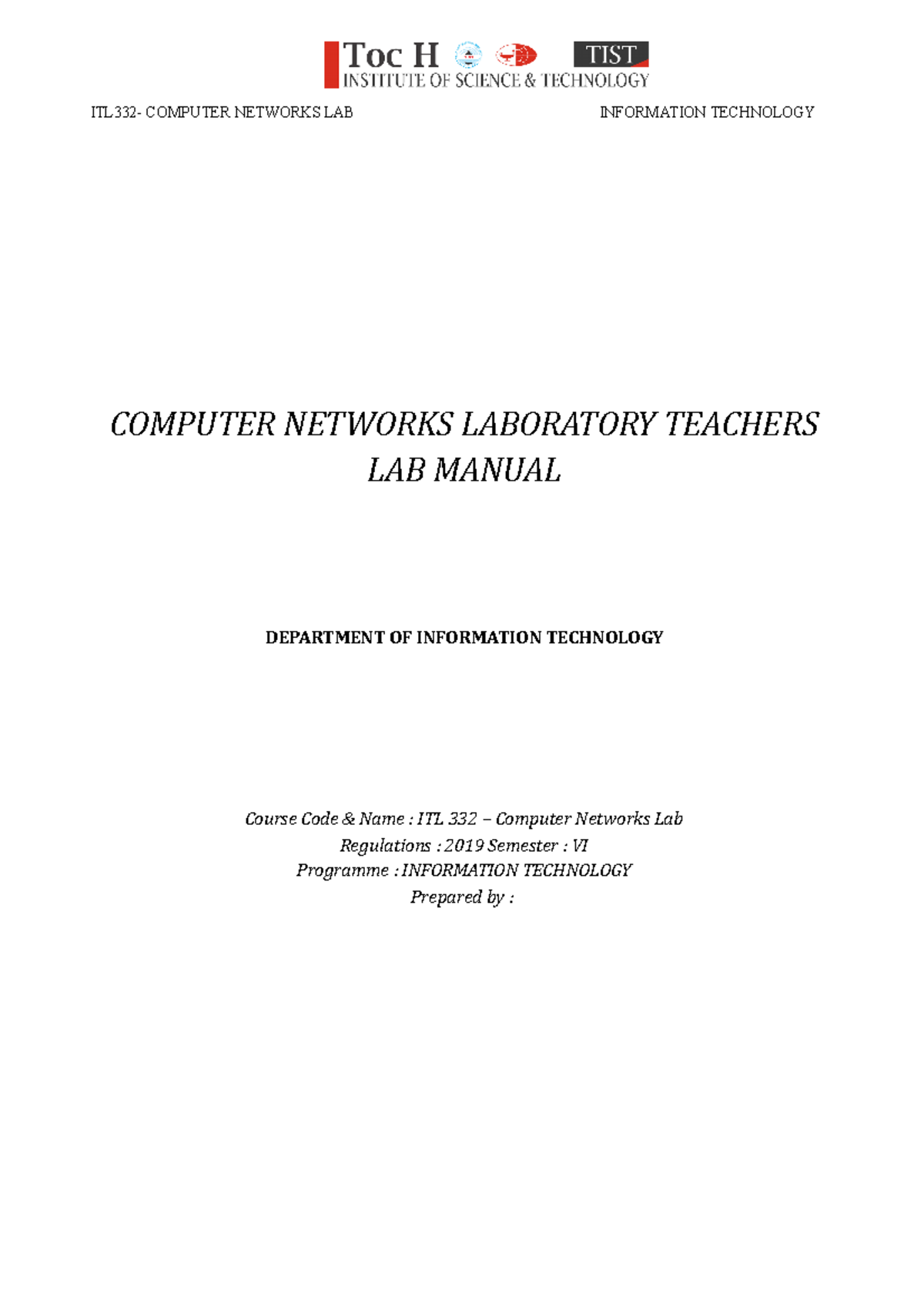 Itl332 Computer Networks Lab Computer Networks Laboratory Teachers Lab Manual Department Of