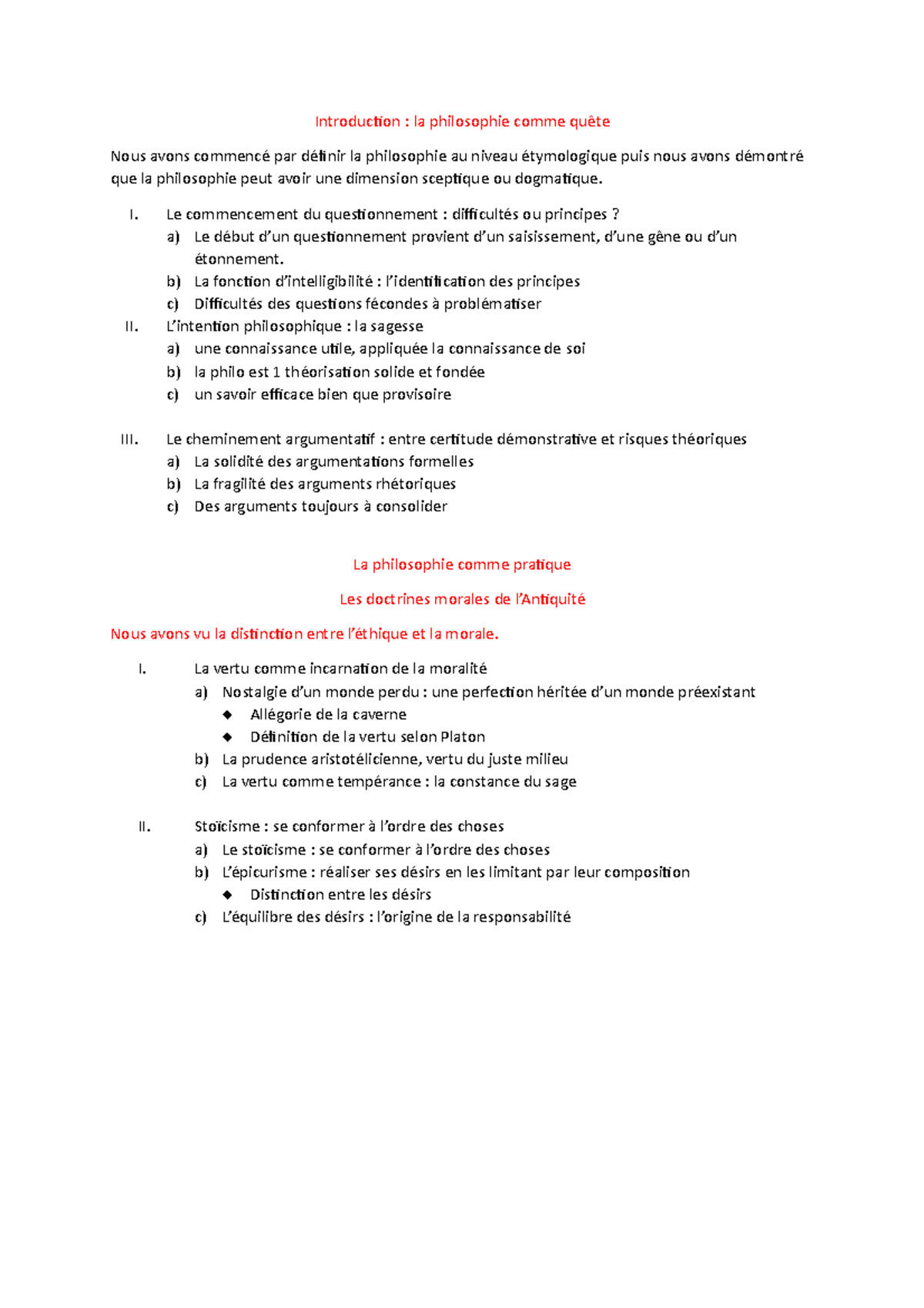 Plan cours philo - Copie - Introduction : la philosophie comme quête Nous avons commencé par ...