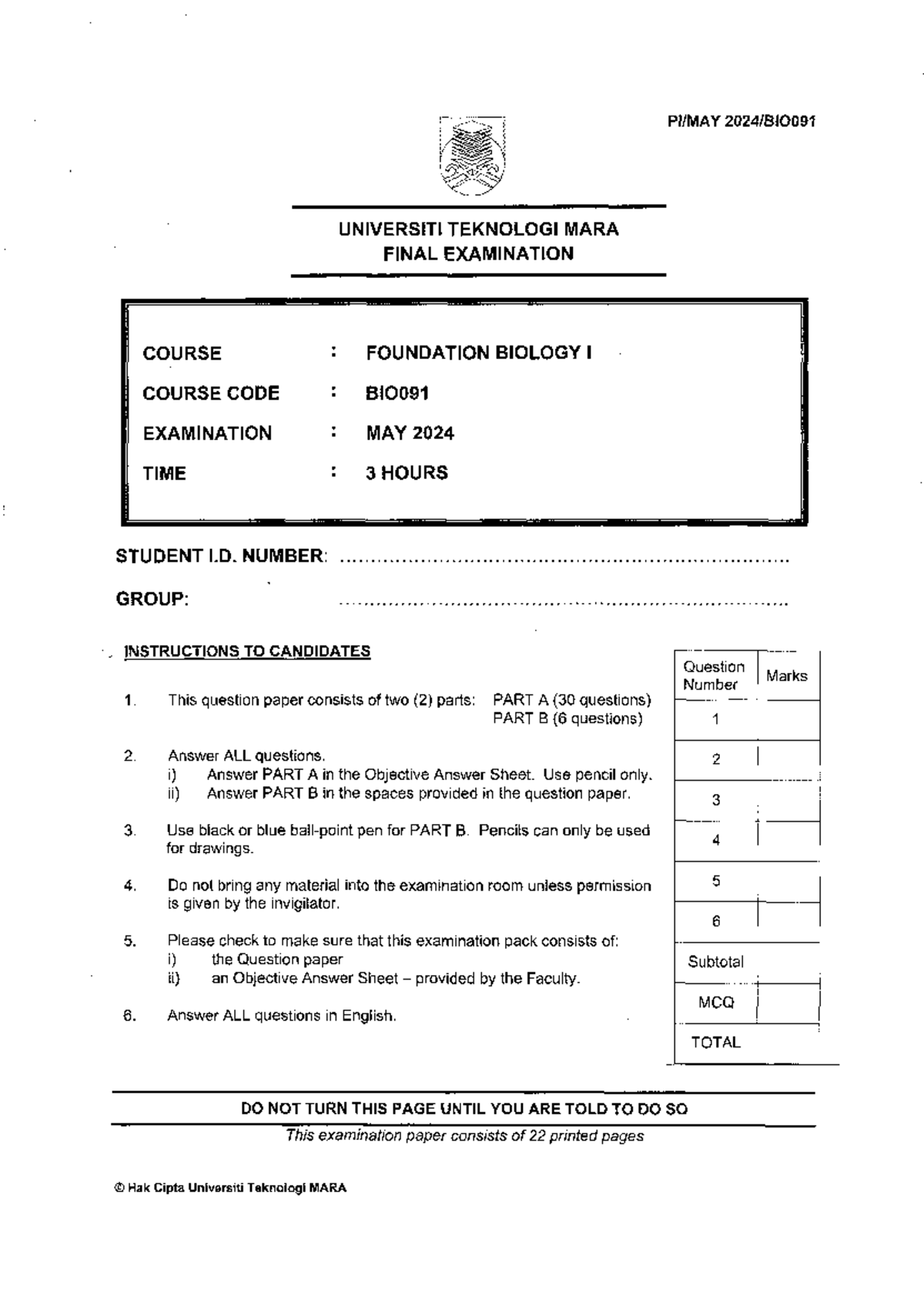 BIO091 - past year - UNIVERSITI TEKNOLOGI MARA FINAL EXAMINATION COURSE COURSE CODE EXAMINATION ...