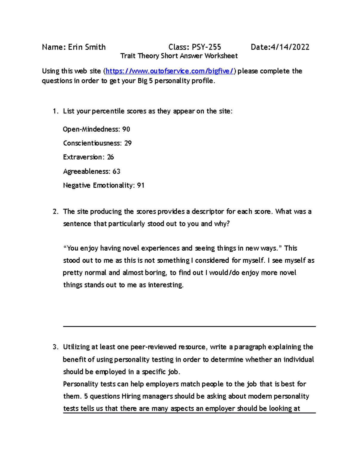 PSY 255 Trait Theory Short Answer Worksheet - Name: Erin Smith Class ...