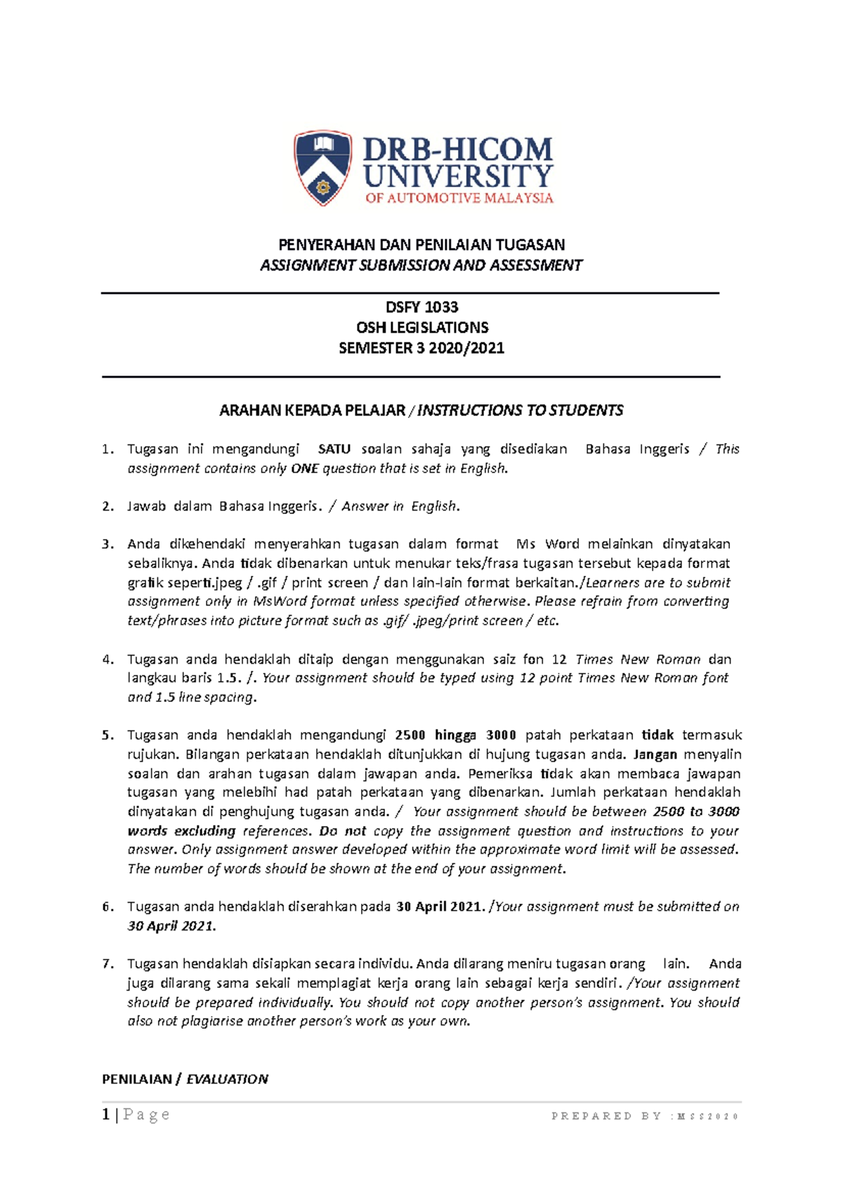 Assignment DOSH SEM3 2021 - PENYERAHAN DAN PENILAIAN TUGASAN ASSIGNMENT SUBMISSION AND ...