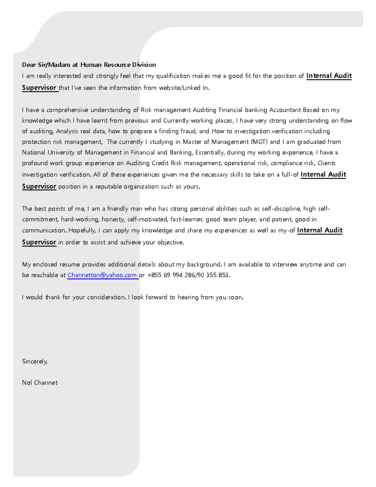 Internal Audit Supervisor - I have a comprehensive understanding of ...