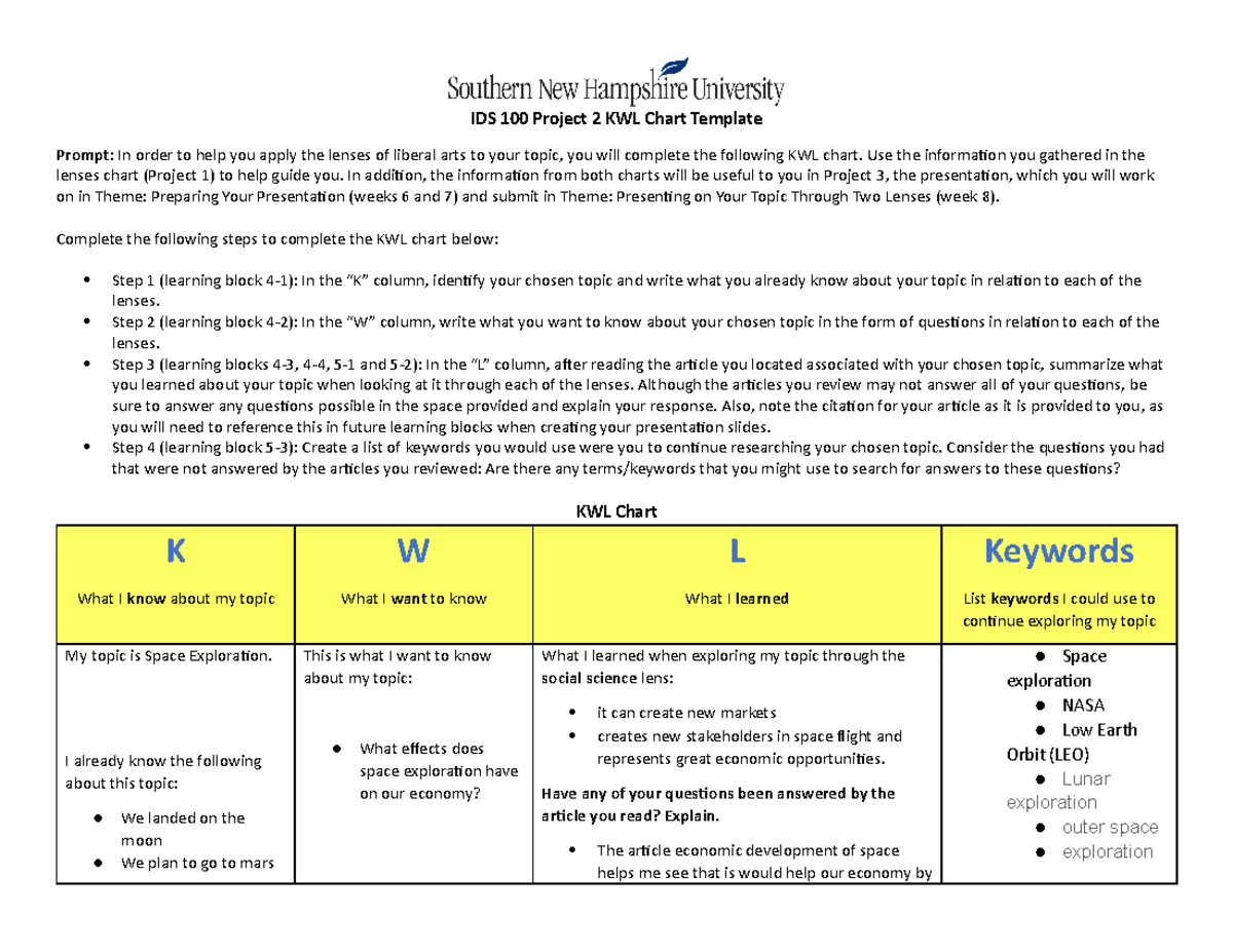 KWL Chart - Use the information you gathered in the lenses chart ...