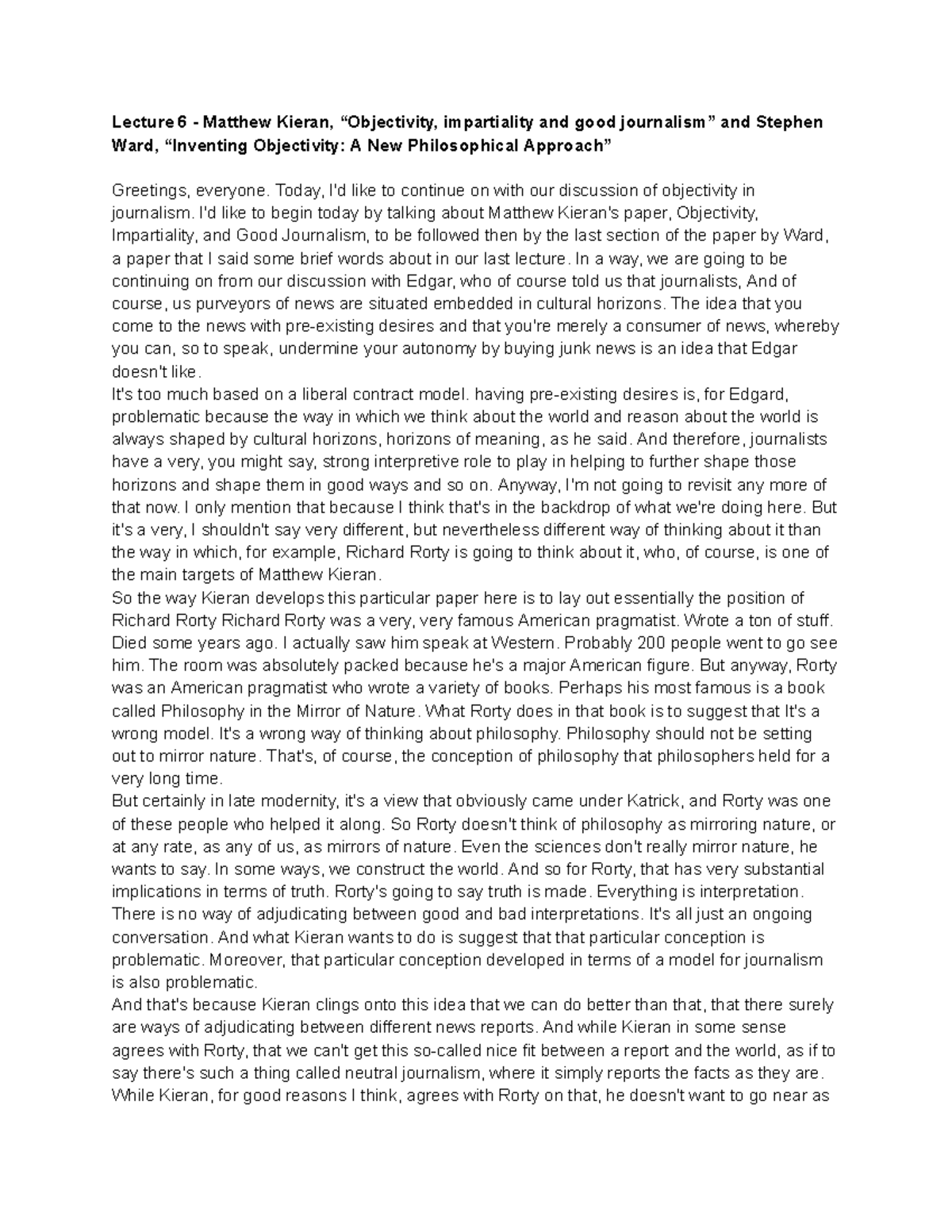 PHIL Lecture 6 - Transcript - Lecture 6 - Matthew Kieran, “Objectivity, impartiality and good ...