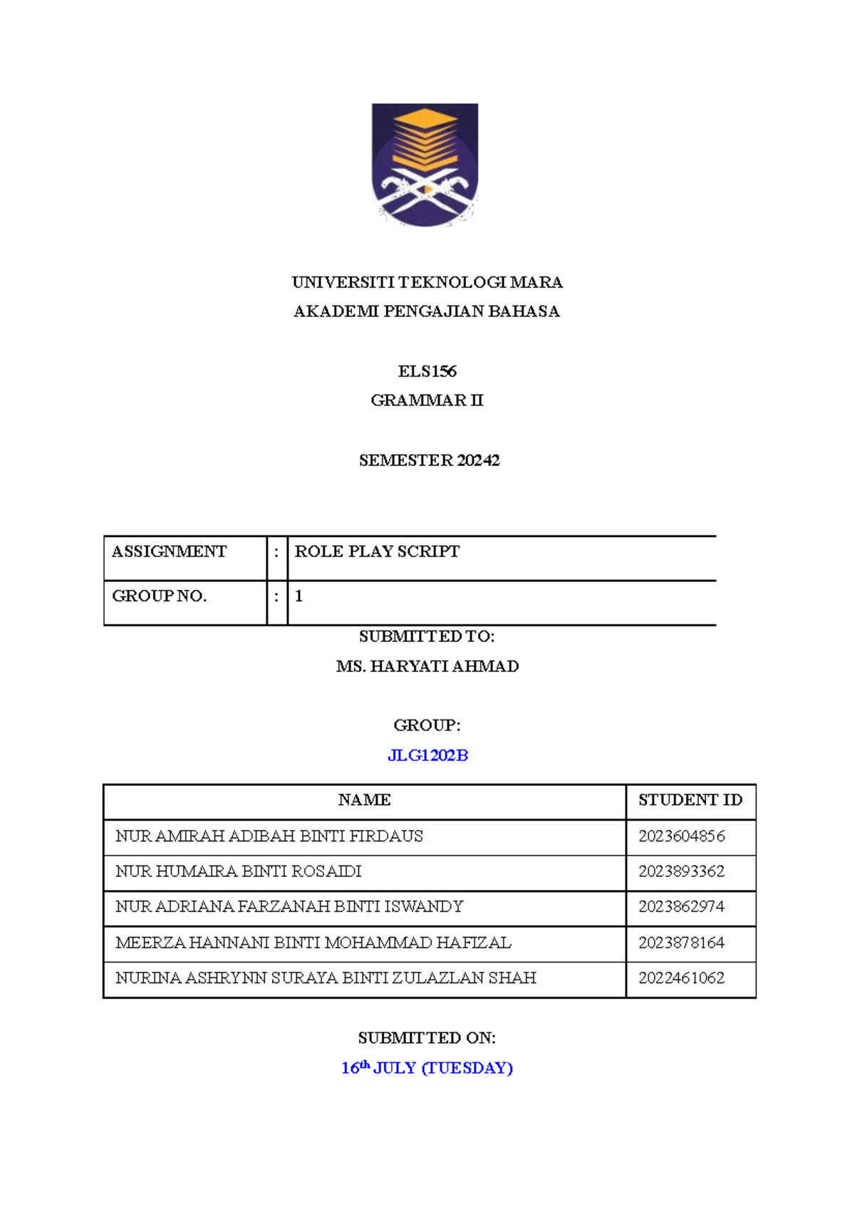 ELS156 Roleplay Script PDF - UNIVERSITI TEKNOLOGI MARA AKADEMI PENGAJIAN BAHASA ELS GRAMMAR II ...