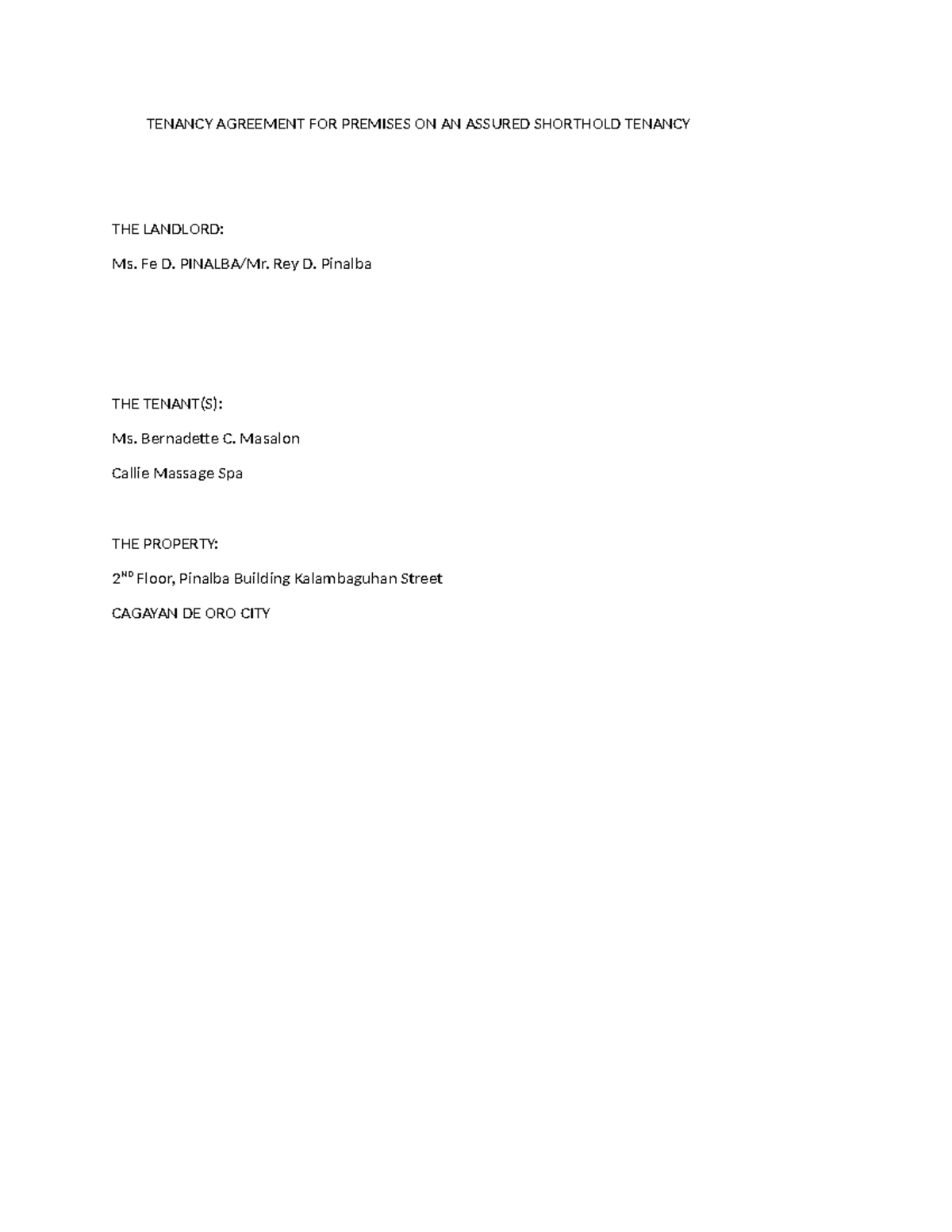 Callie Massage SPA- Lease OF Contract - TENANCY AGREEMENT FOR PREMISES ...