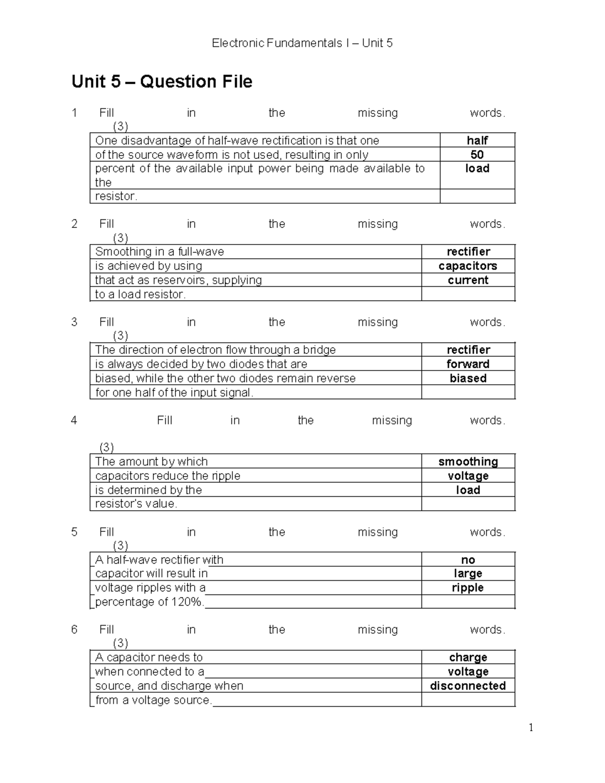 Unit5 Question File Memo - Unit 5 – Question File 1 Fill in the missing words. (3) One ...