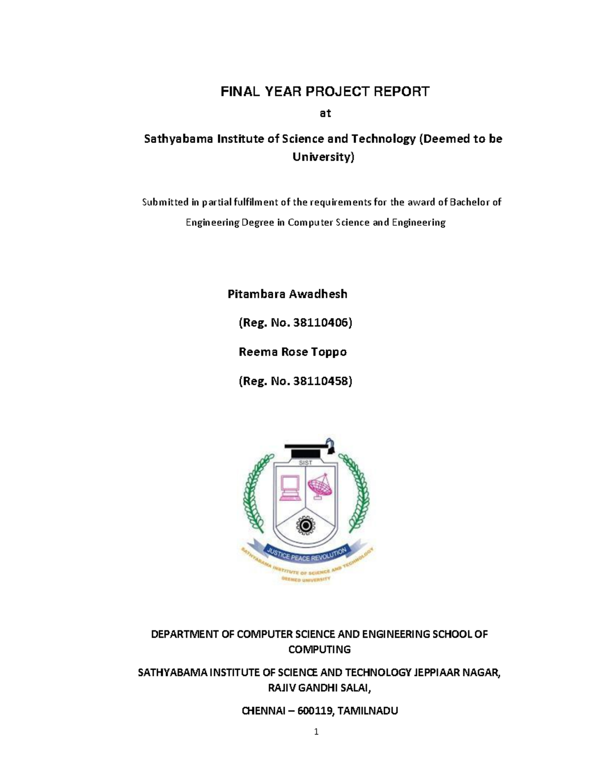 1822-b - FINAL YEAR PROJECT REPORT at Sathyabama Institute of Science and Technology (Deemed to ...