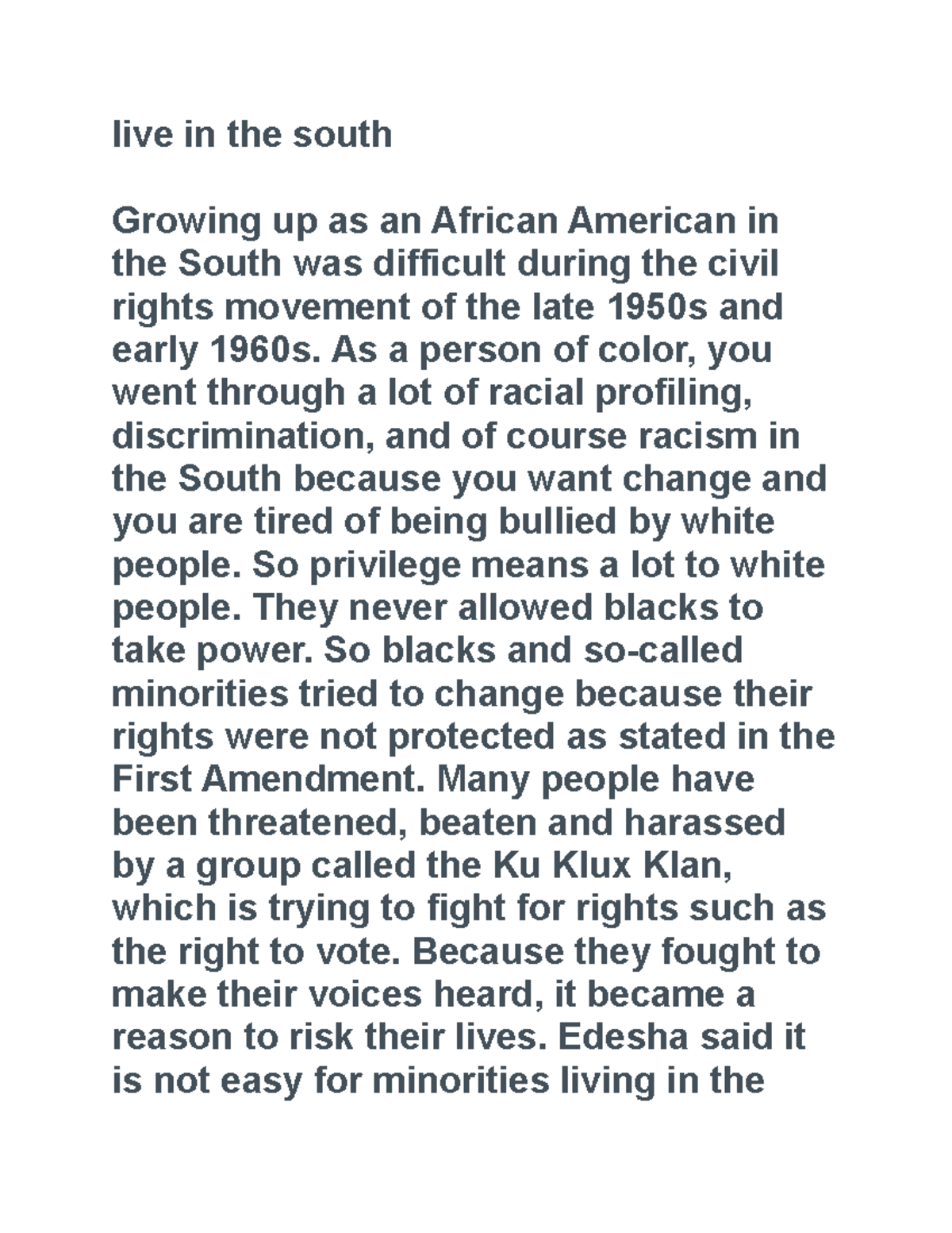 Live in the south - live in the south Growing up as an African American ...