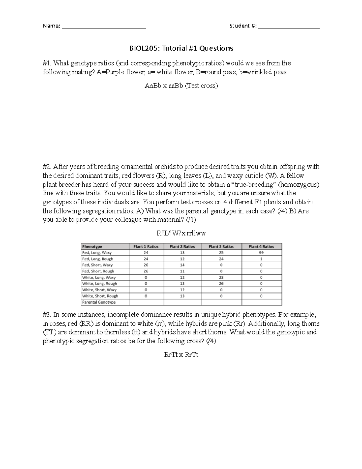 Tutorial #1 Worksheet - Name: __________________________ Student #: ___________________ BIOL205 ...
