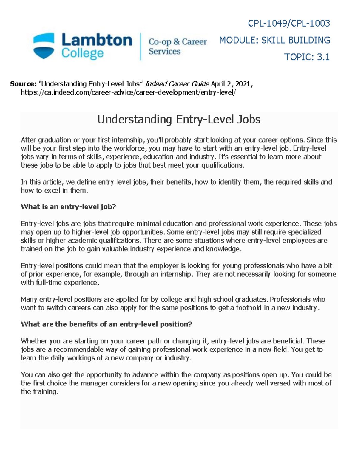 Module 4.1 Article - Understanding Entry Level Jobs - Source ...