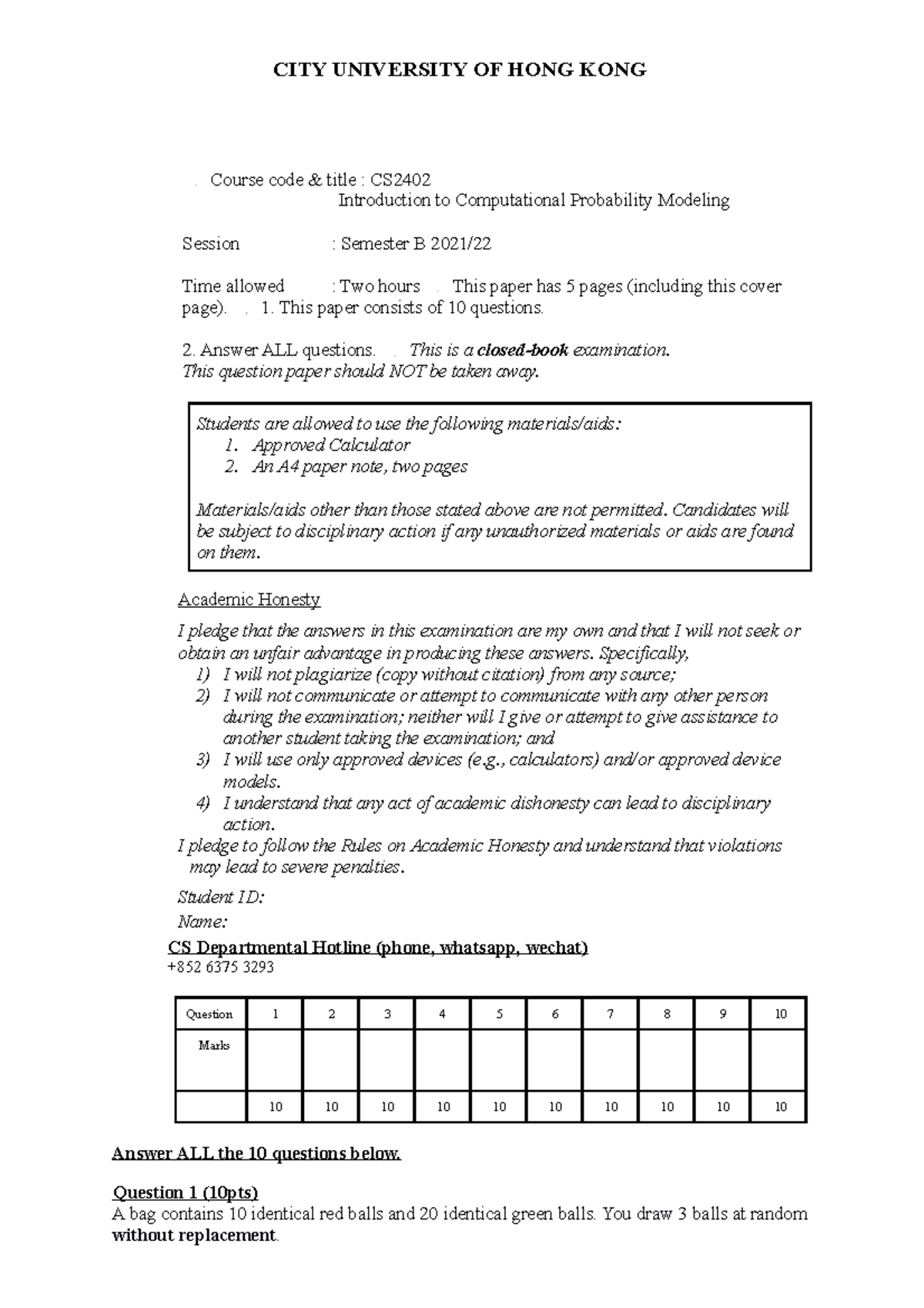 CS2402-Final-2022 - final exam - CITY UNIVERSITY OF HONG KONG Course ...