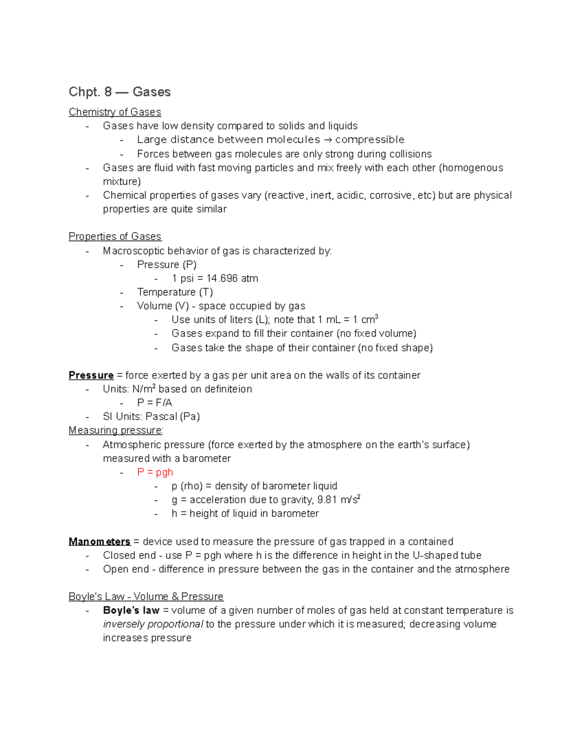 Gen Chem Q2 Notes - Chpt. 8 — Gases Chemistry of Gases - Gases have low ...