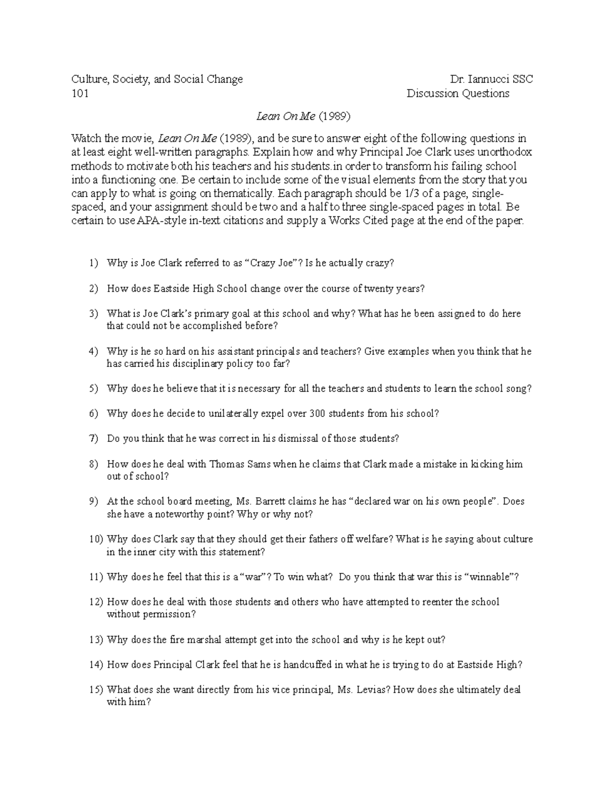 Lean On Me - Discussion Questions(1) - Culture, Society, and Social ...