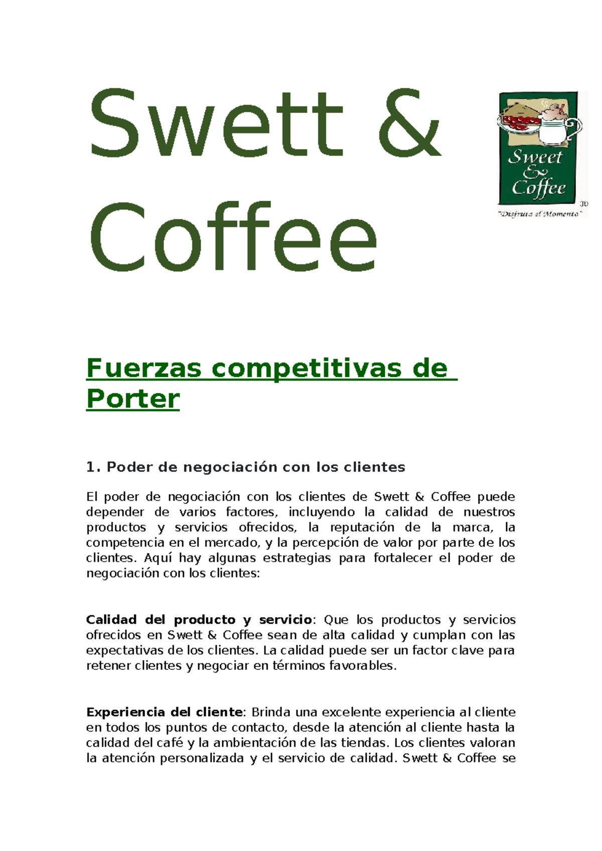 Fuerzas competitivas de Porter Swett & Coffee - Swett & Coffee Fuerzas ...