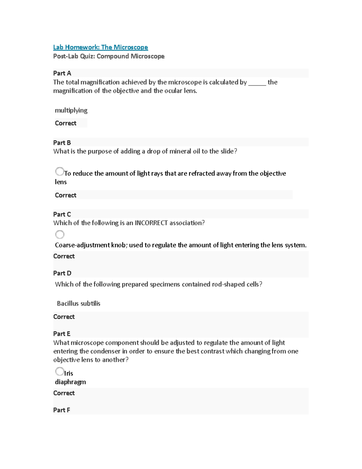 Lab Homework- The Microscope Post-Lab Quiz- Compound Microscope - Lab ...