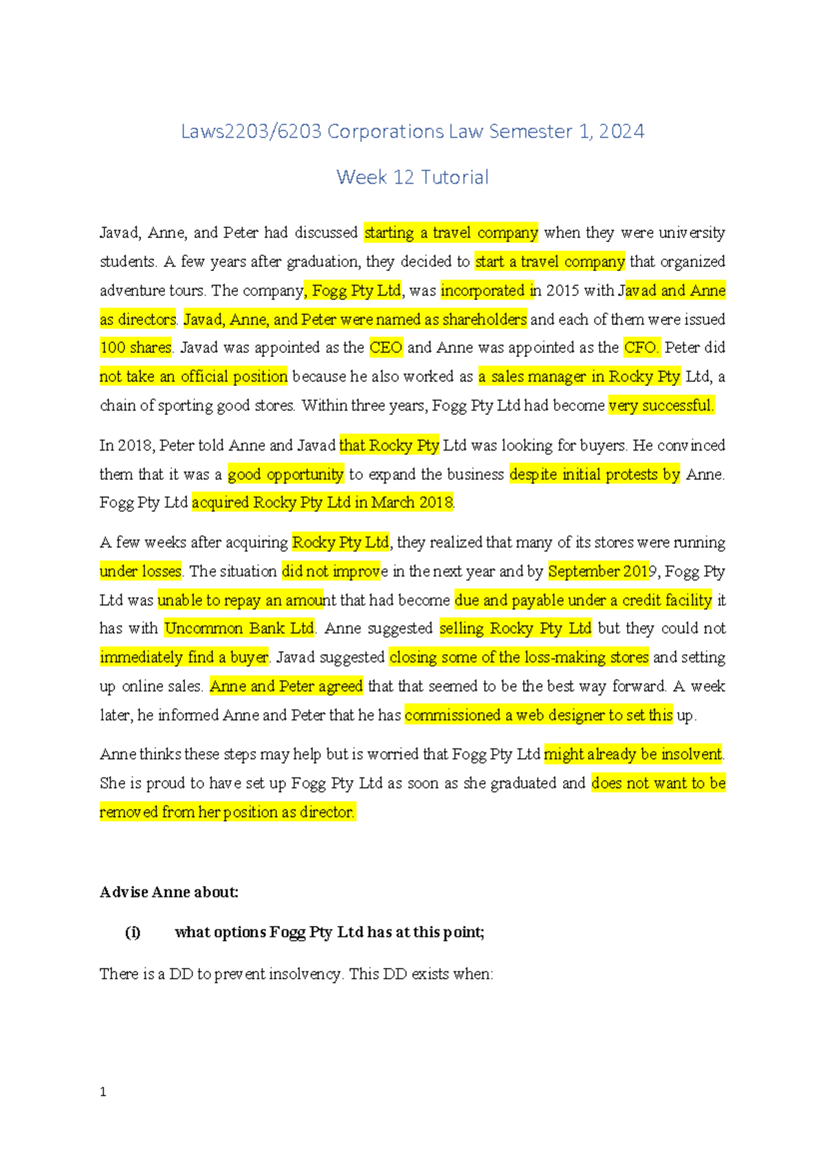 Week 12 tutorial 2024 - Laws2203/6203 Corporations Law Semester 1, 202 ...