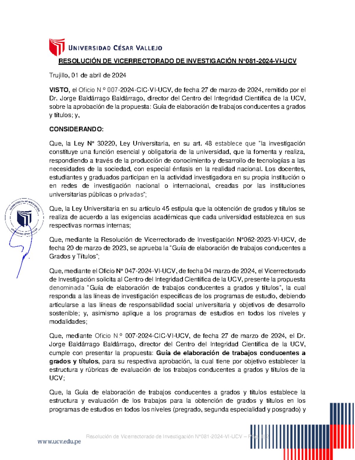 RVI N°081-2024-VI-UCV Aprueba Guía de elaboración de trabajos ...