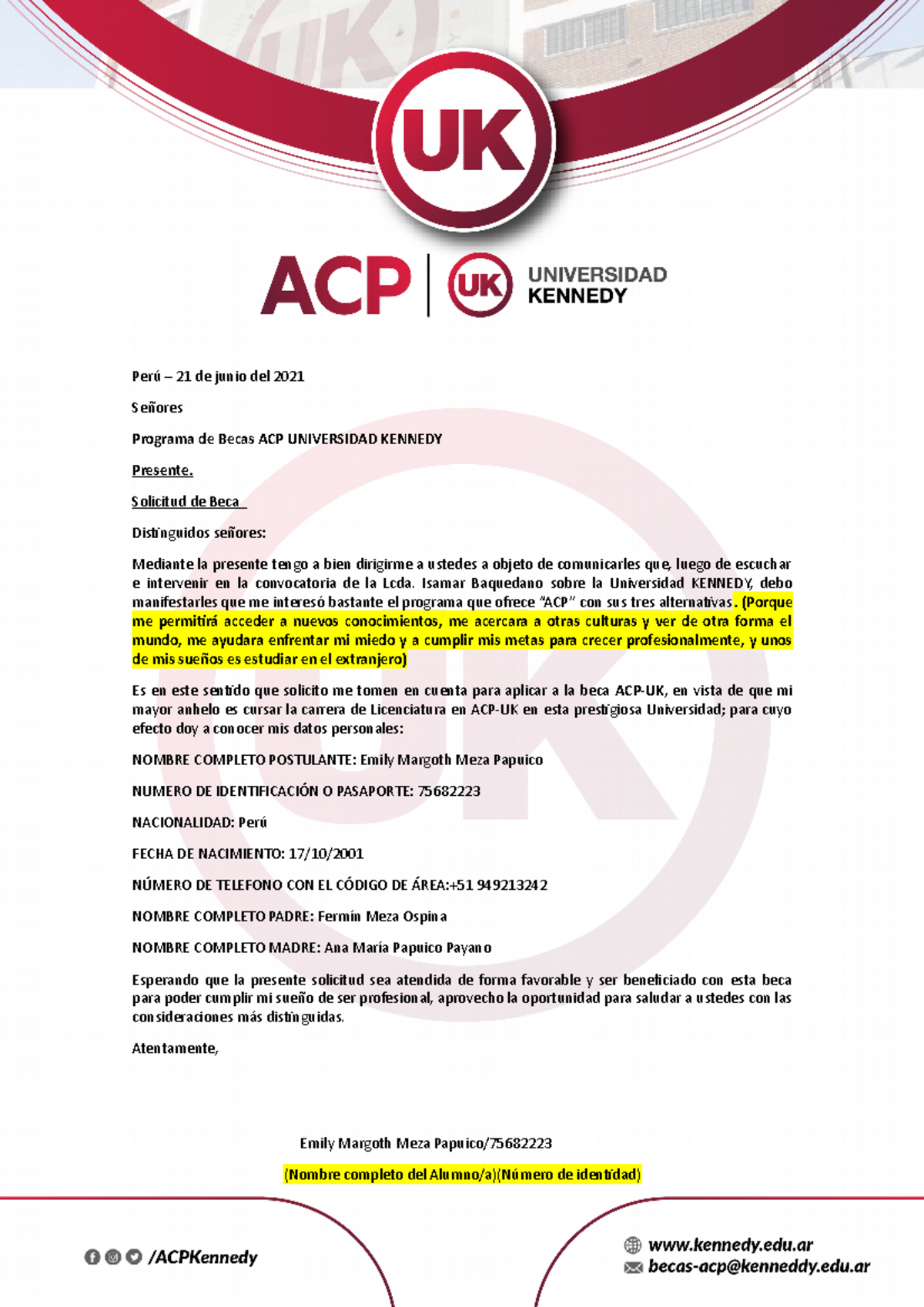 Carta Modelo ACP Kennedy(Emily Meza) - Perú – 21 de junio del 2021 ...