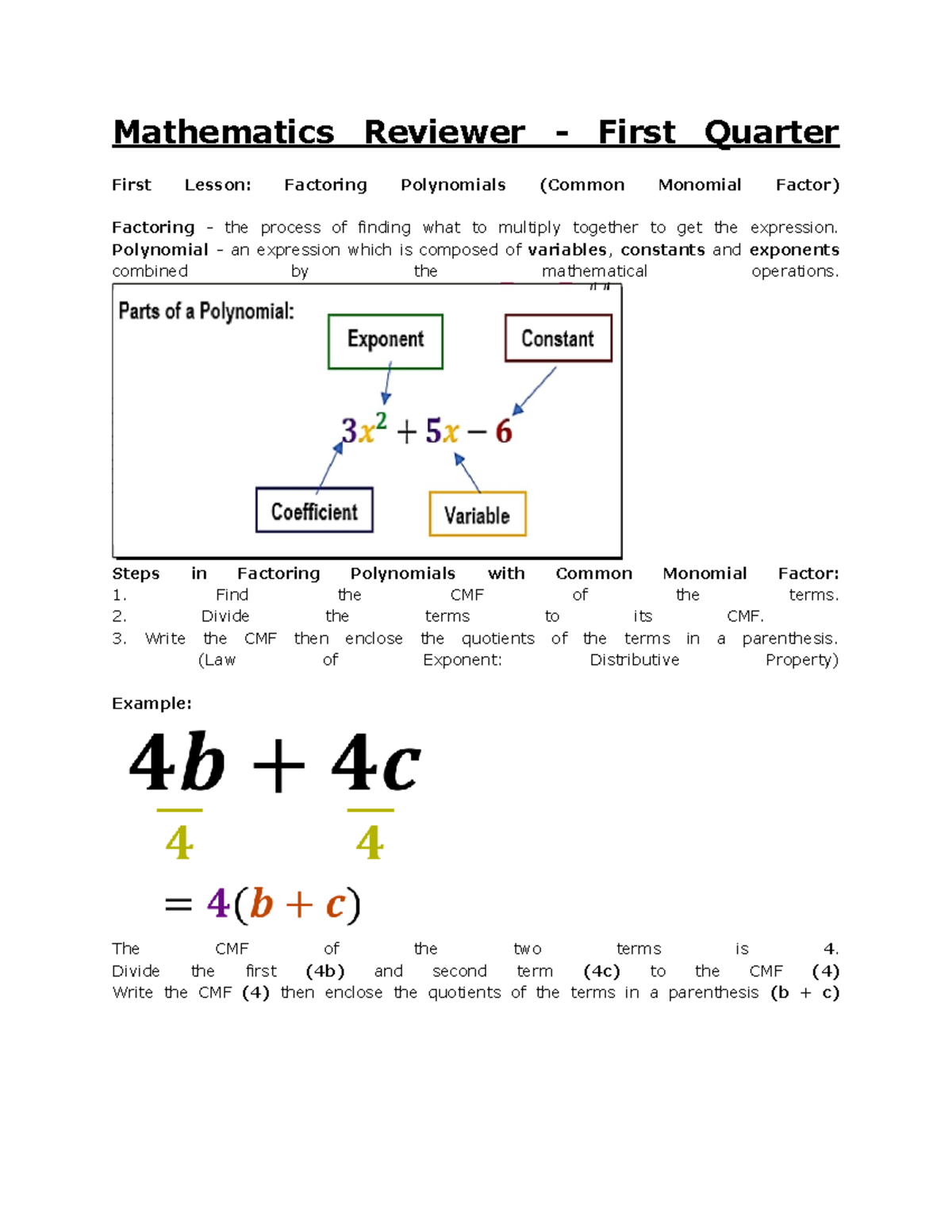 Mathematics Reviewer First Quarter - Mathematics Reviewer - First ...