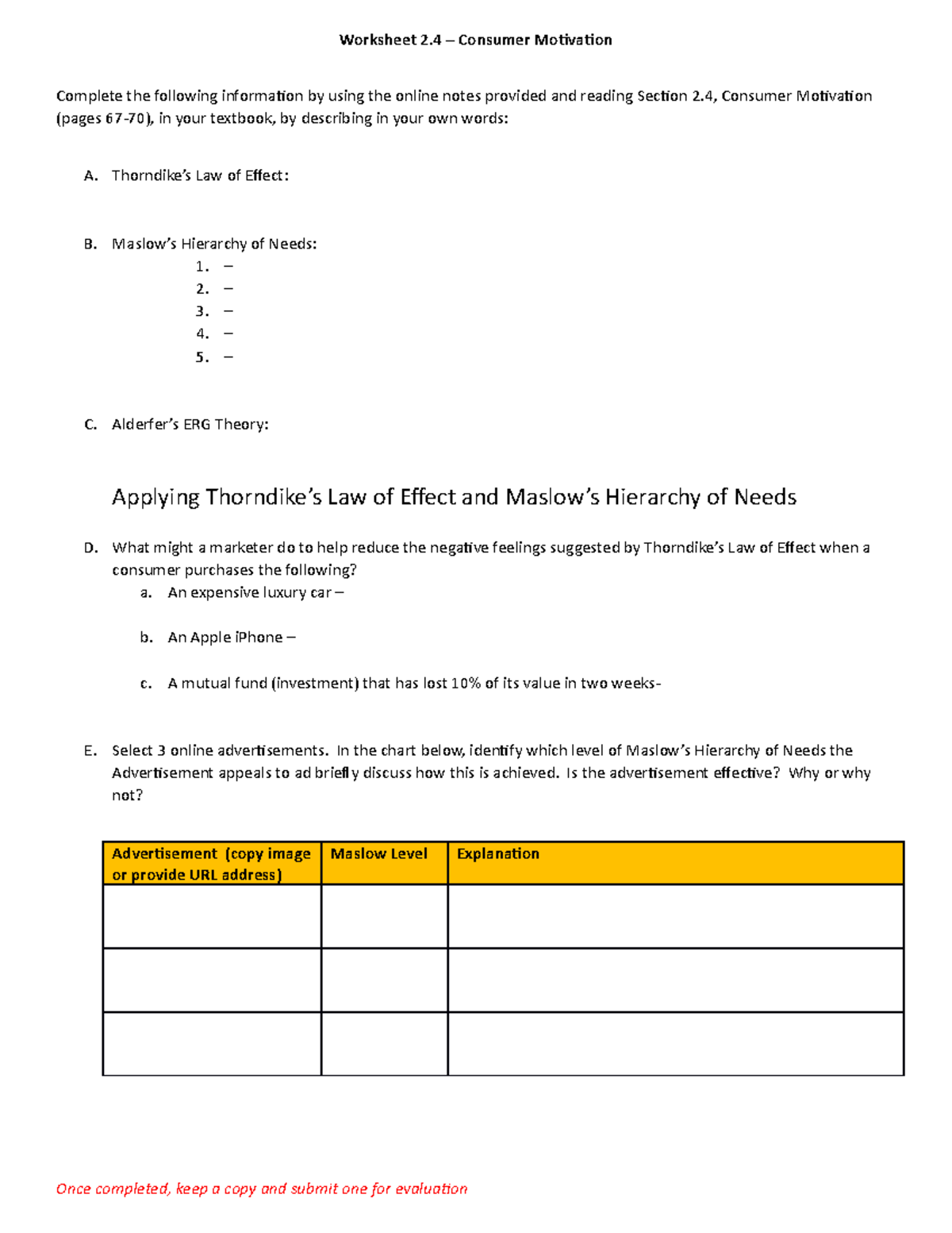 5 Worksheet 2 - Comprehensive notes - Worksheet 2 – Consumer Motivation ...