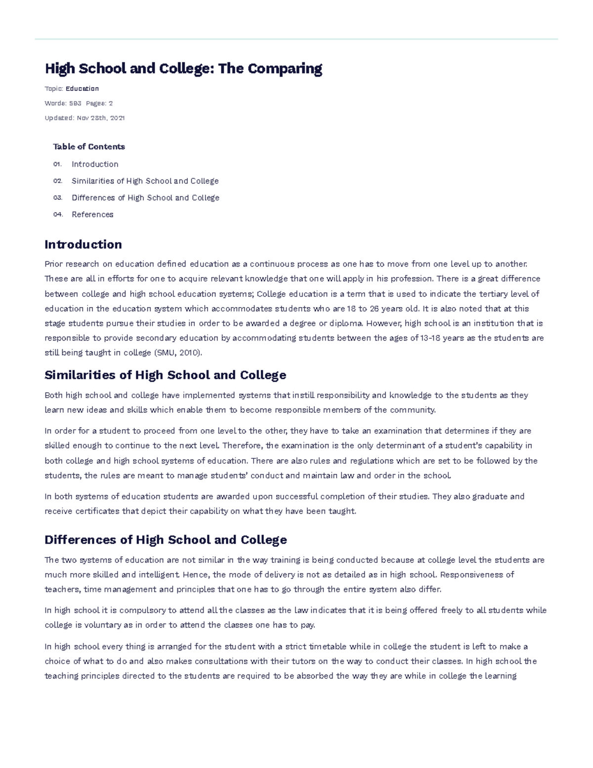 High School and College- The Comparing Free Essay Example - High School ...