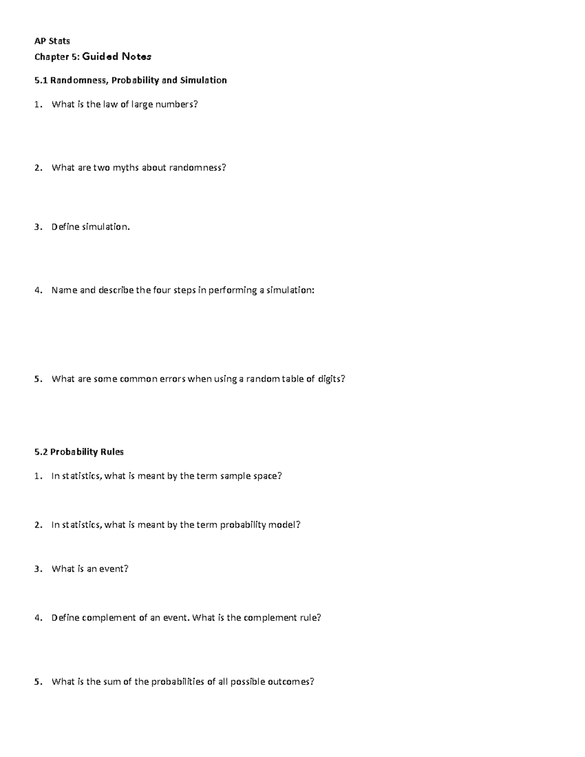 Chapter 5 Guided Notes - AP Stats Chapter 5: Guided Notes 5 Randomness ...