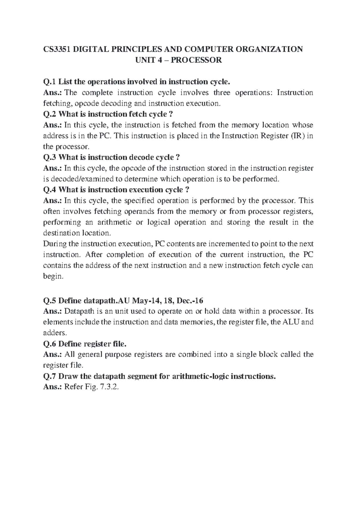 Processor QB - Question Bank - CS3351 DIGITAL PRINCIPLES AND COMPUTER ...
