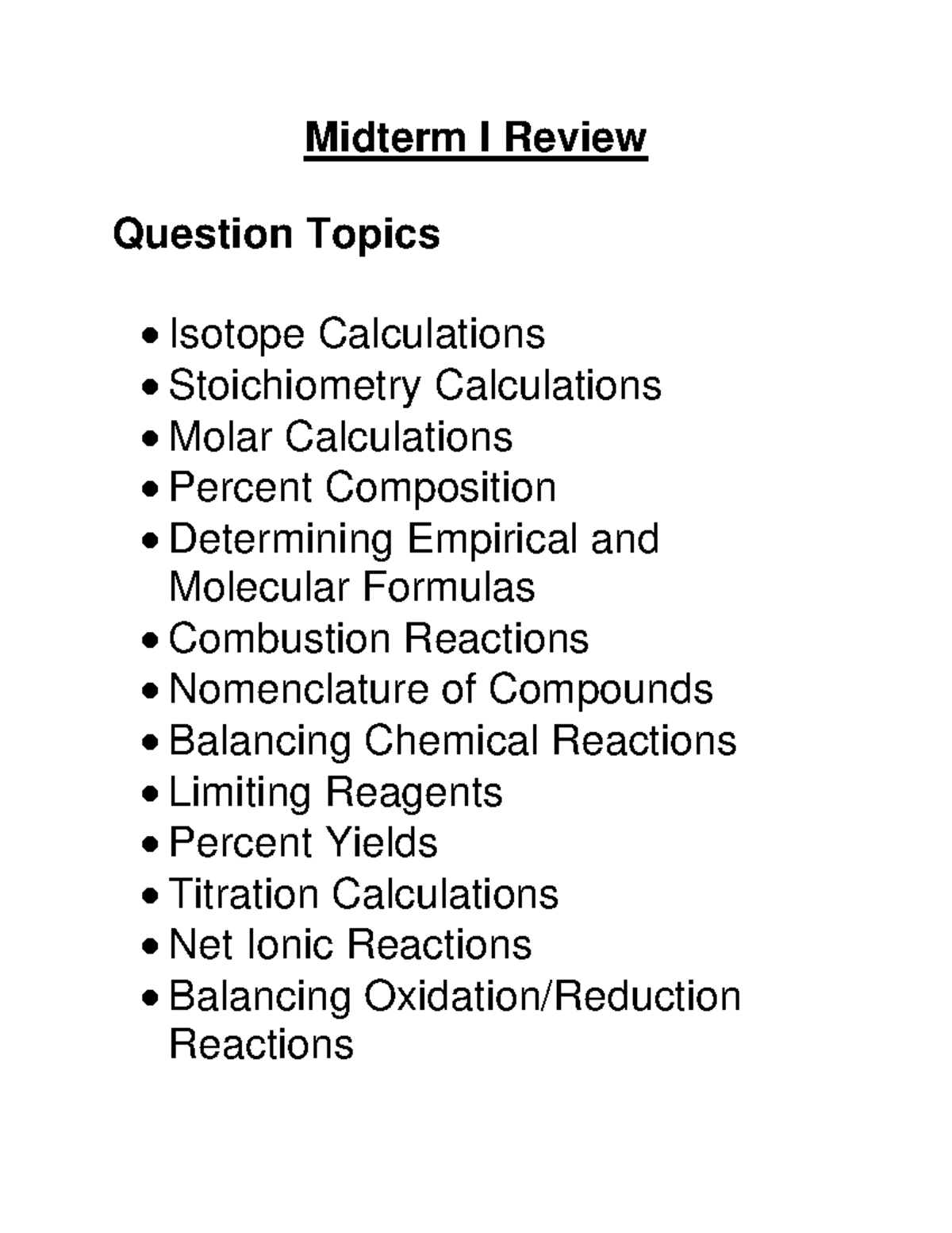 Midterm I Review 2A W2020 - Midterm I Review Question Topics Isotope Calculations Stoichiometry ...