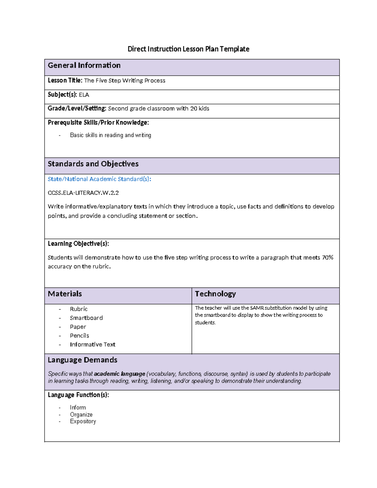 C365 Task - hw for 2020 - Direct Instruction Lesson Plan Template General Information Lesson ...